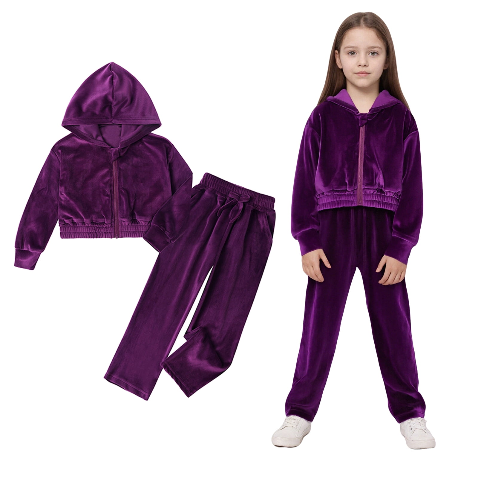 Girls Athletic Sets Purple Girls Velour Tracksuit Zipper Cropped Top ...