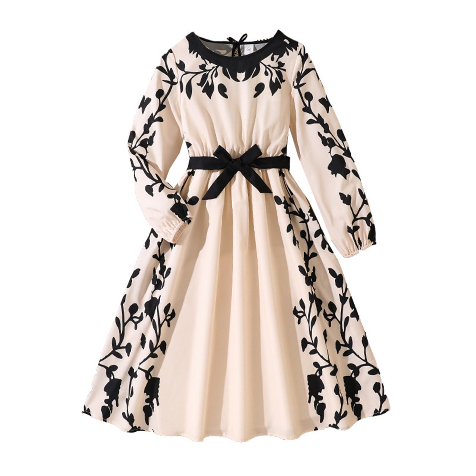 Girls Autumn Dress Floral Print Long Sleeve Elegant Waist Design Mid ...