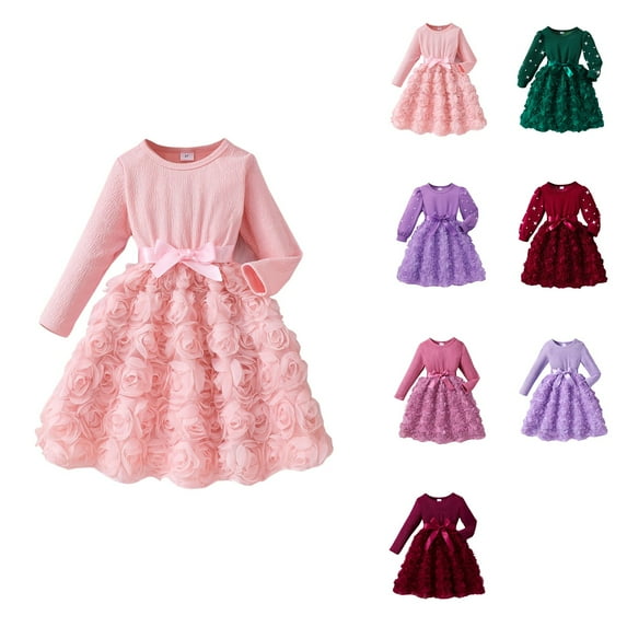 Girls' Autumn Long Sleeve Crew Neck A-Line Princess Dress with Rose ...