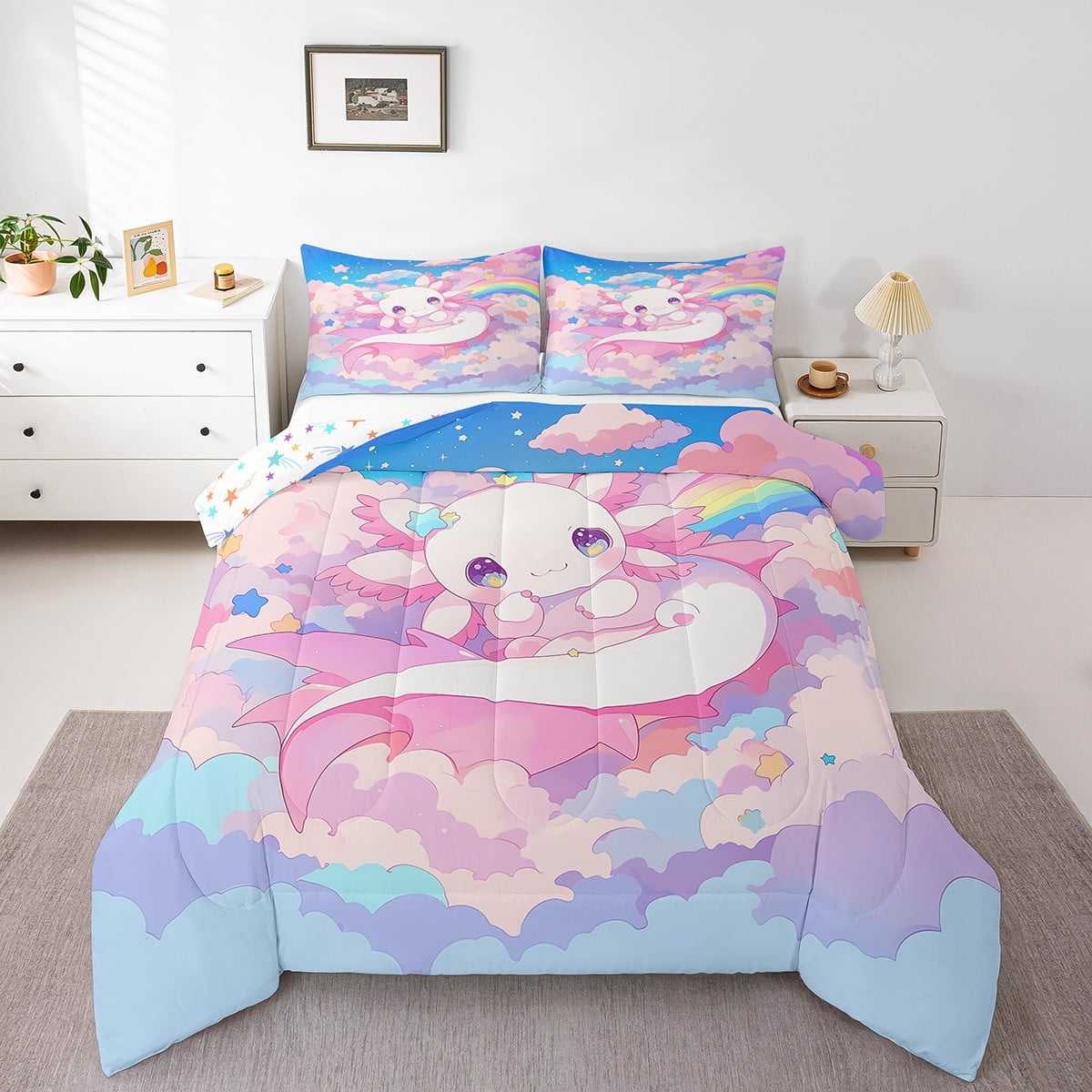Axolotl Comforter Set Rainbow Pink Dreamy Bedding Set,Kawaii Salamander ...