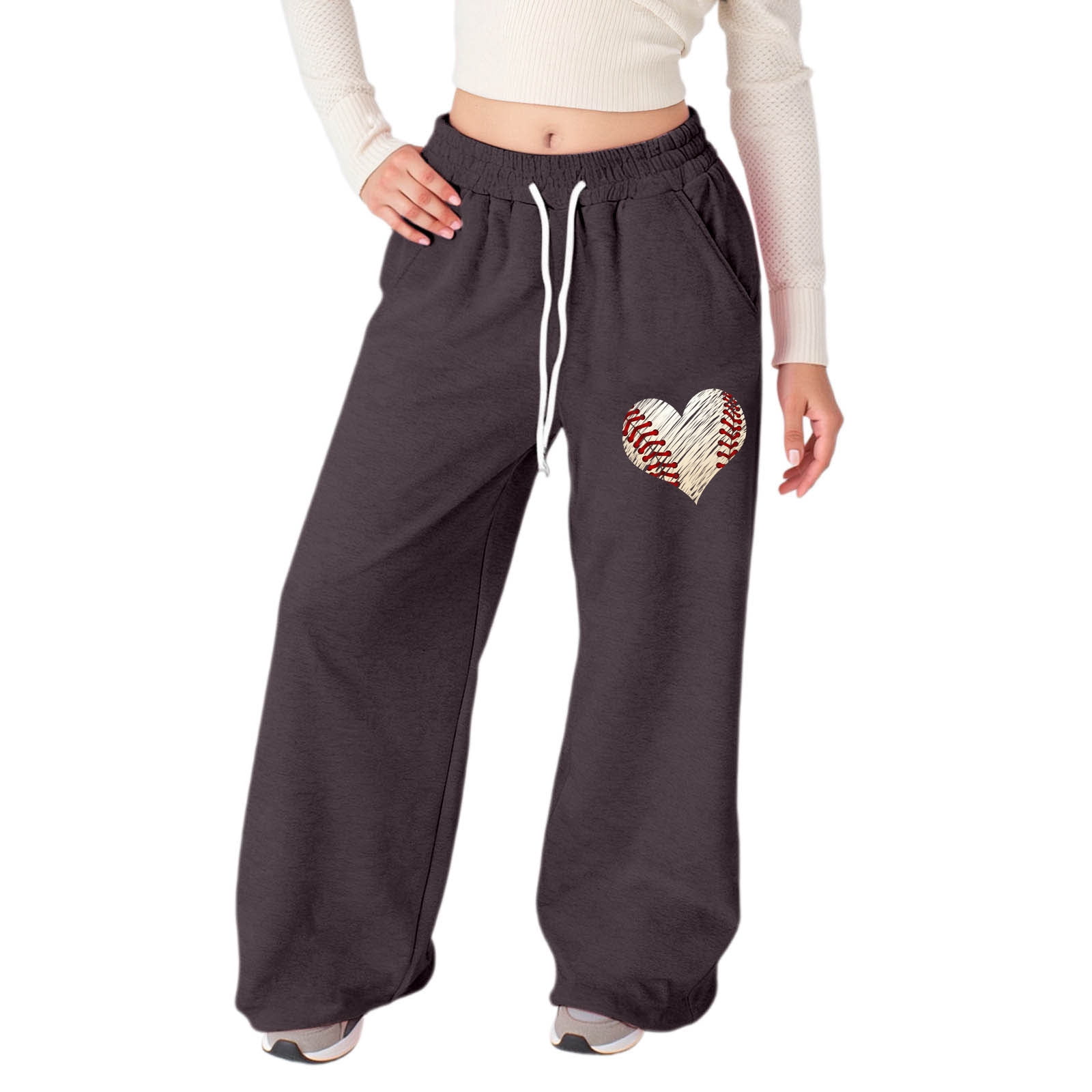Girls BALL HEART Print Sweatpants Elastic Waist Wide Straight Leg Pants ...