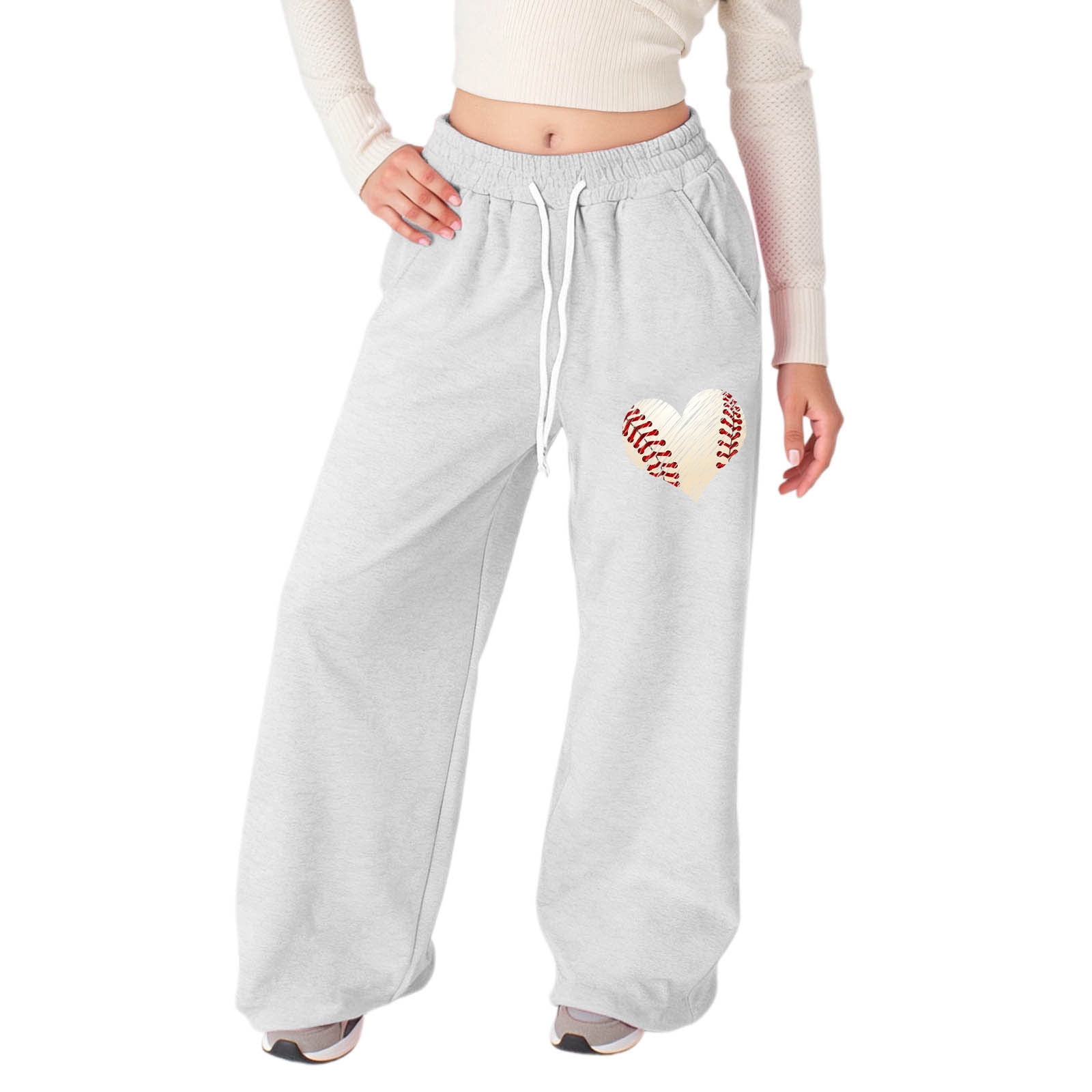 Girls BALL HEART Print Sweatpants Elastic Waist Wide Straight Leg Pants ...