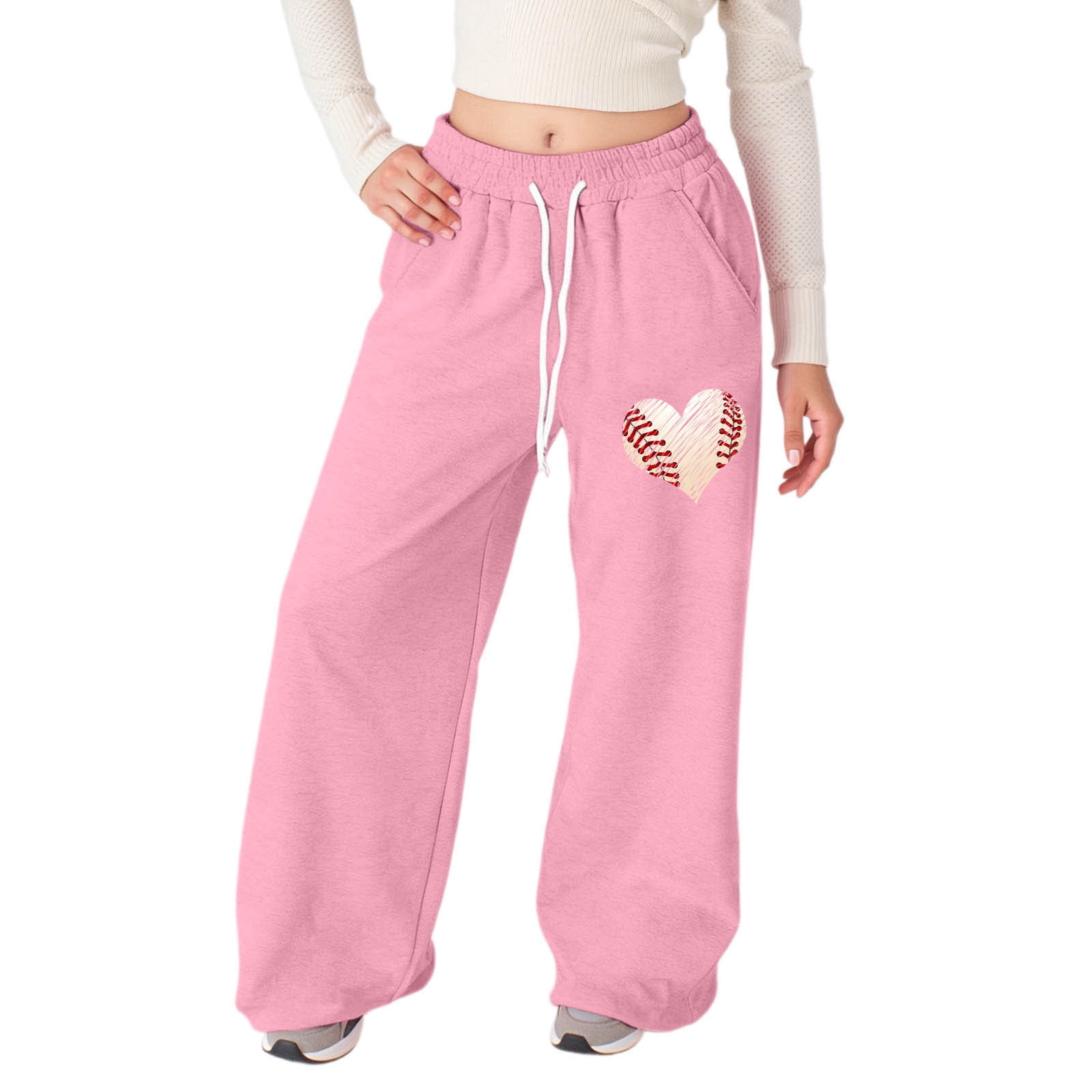 Girls BALL HEART Print Sweatpants Elastic Waist Wide Straight Leg Pants ...