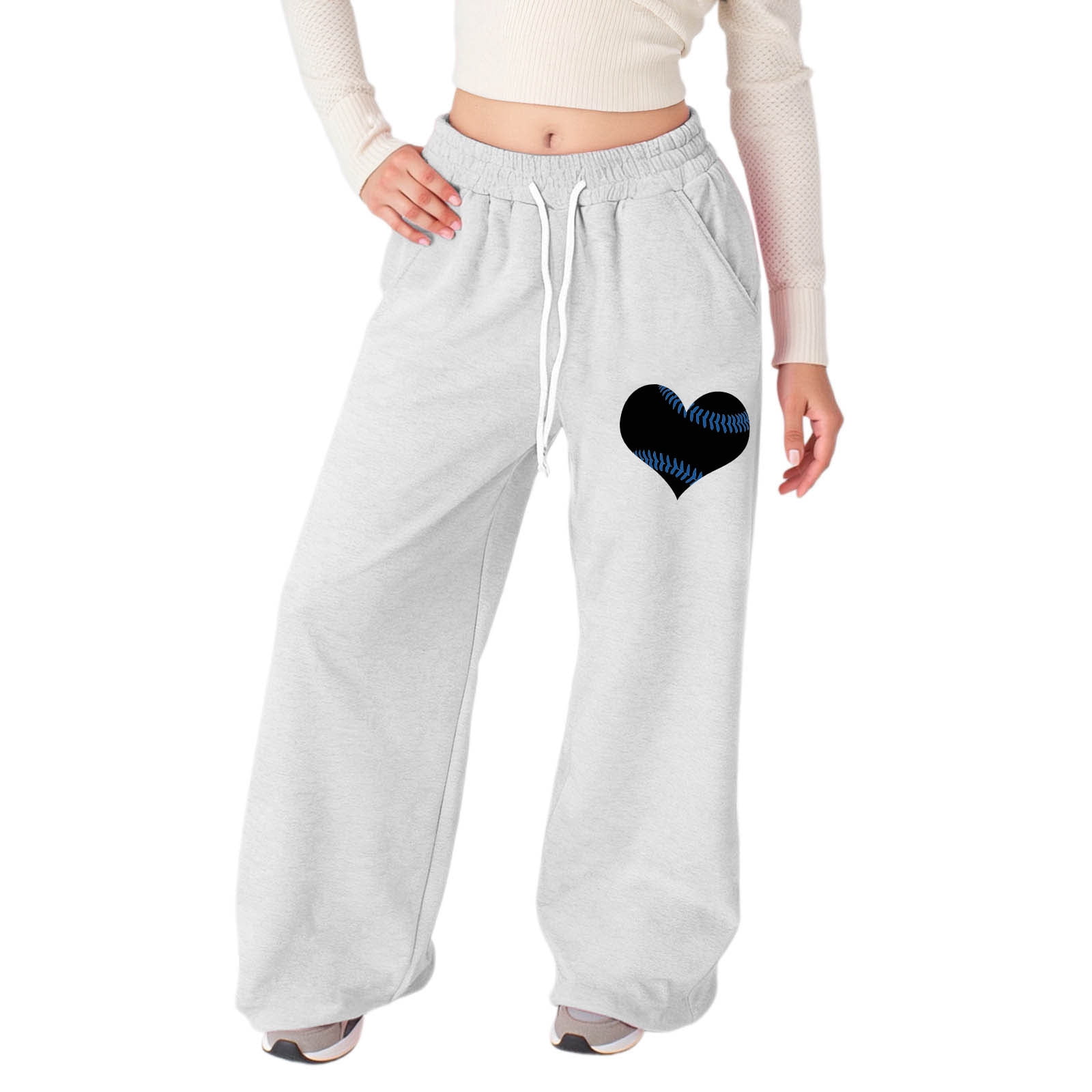 Girls BALL HEART Print Sweatpants Elastic Waist Wide Straight Leg Pants ...