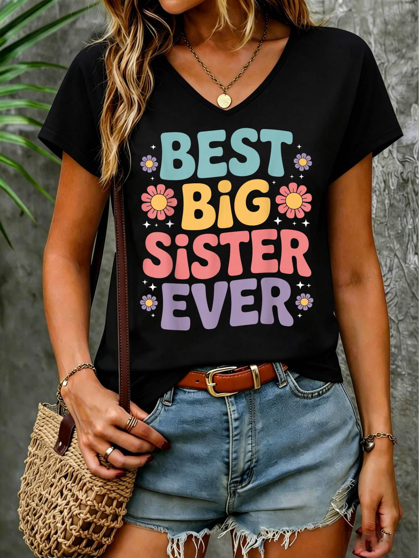 Girls Baby Announcements Cute Big Sister V Neck T-Shirt Cotton Women's ...