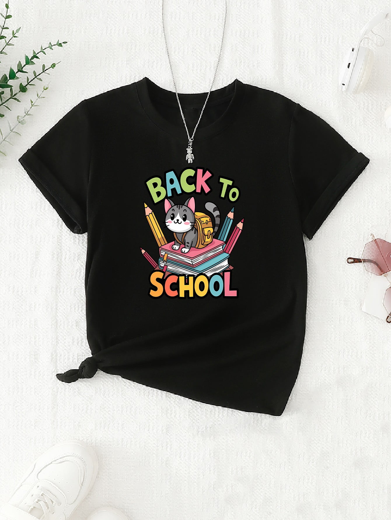 Girls' Back to School Graphic Tee - Cute Cat & School Supplies Design ...