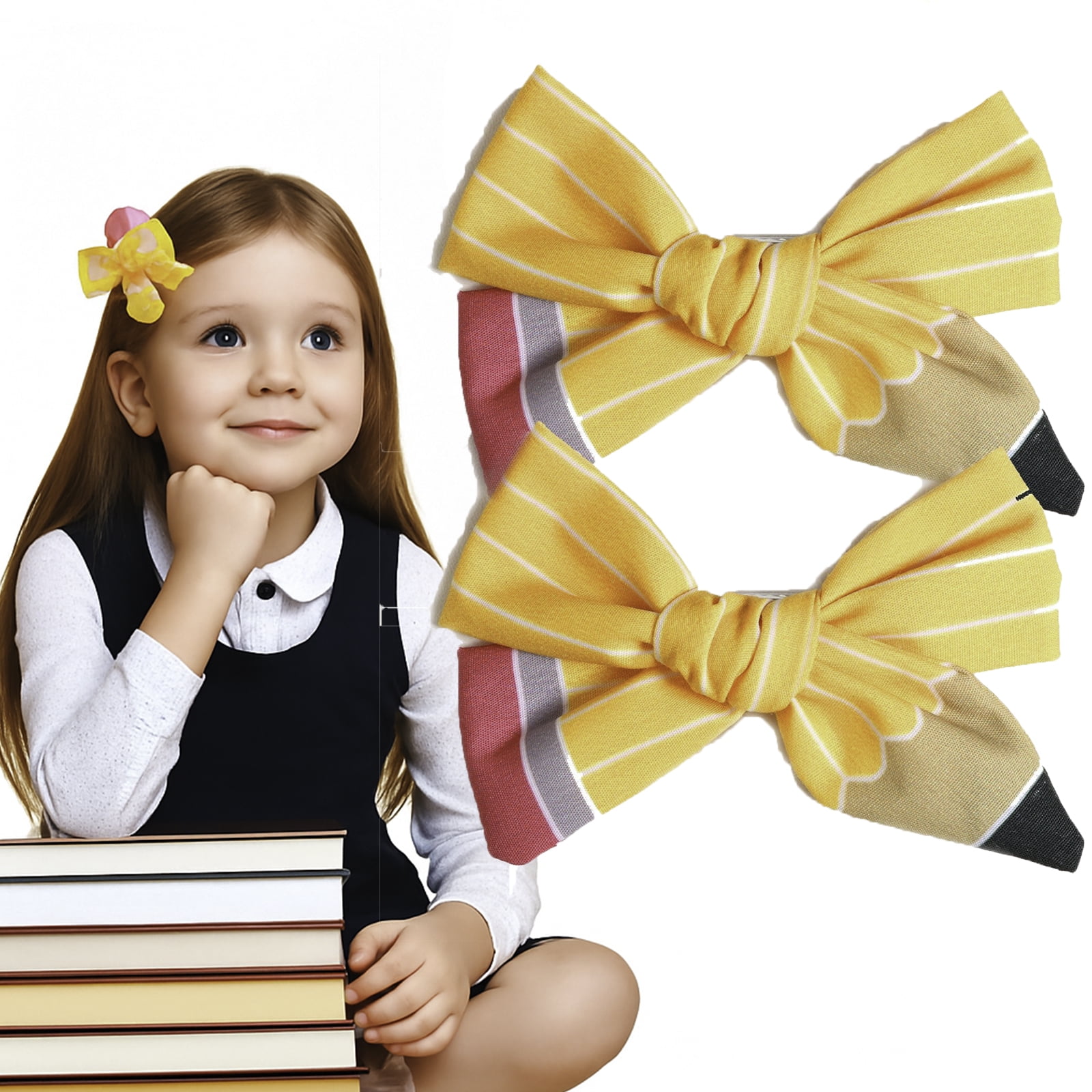 Girls Back to School Hair Clips, 2-Pack Pencil & Bow Barrettes | First ...