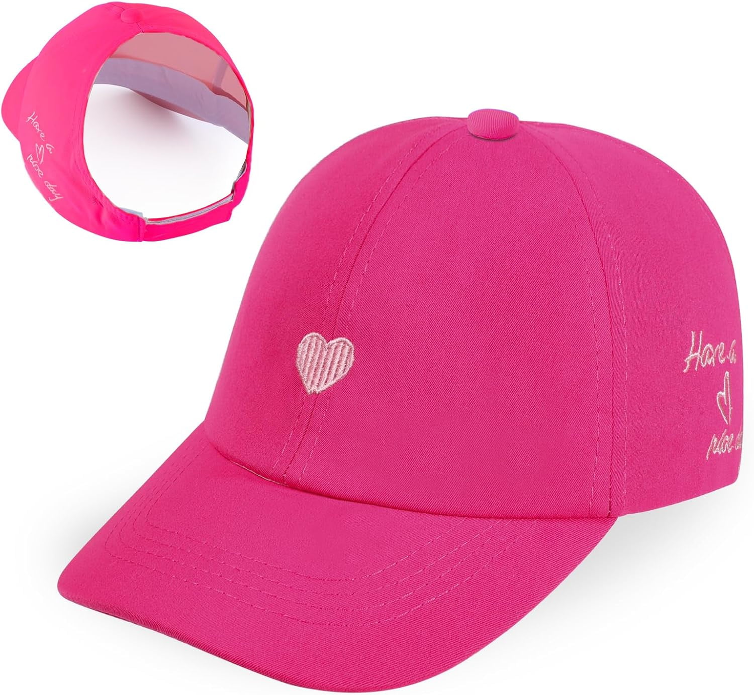Girls Backless Baseball Cap Ponytail Hat, Love Heart Embroidered ...