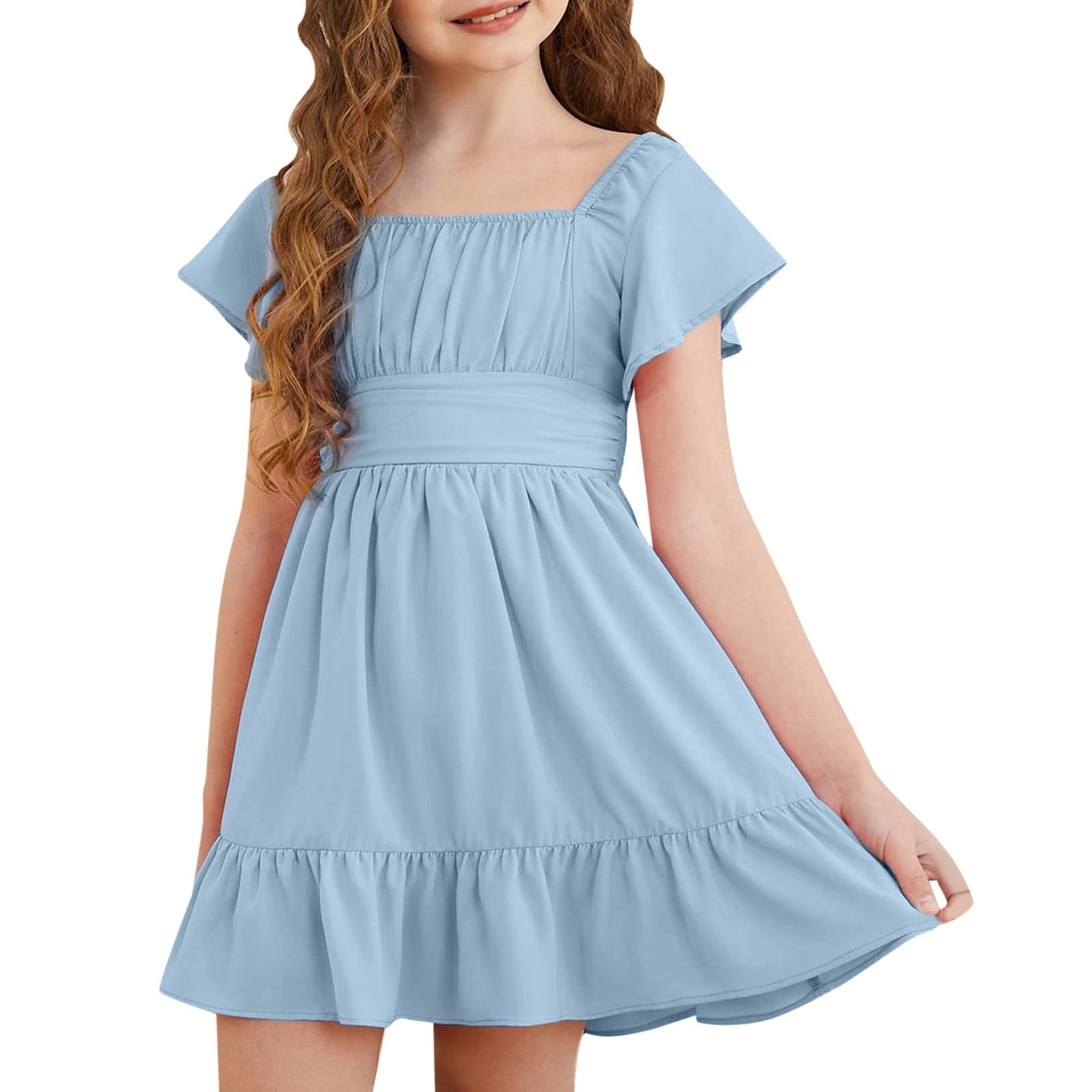 Girls Backless Tie Back Ruffle Solid Color Dress Cute Summer Outfit For ...