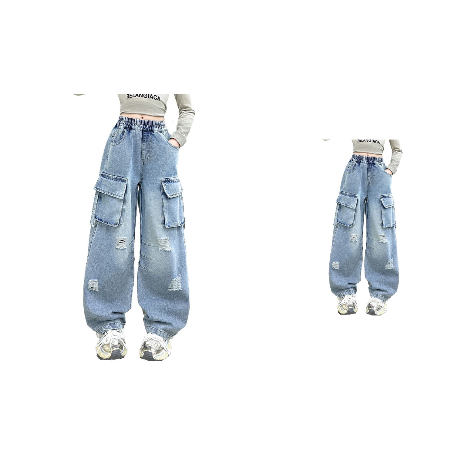 Girls Baggy Denim Pants with Cargo Pockets, Loose Fit Stretch ...