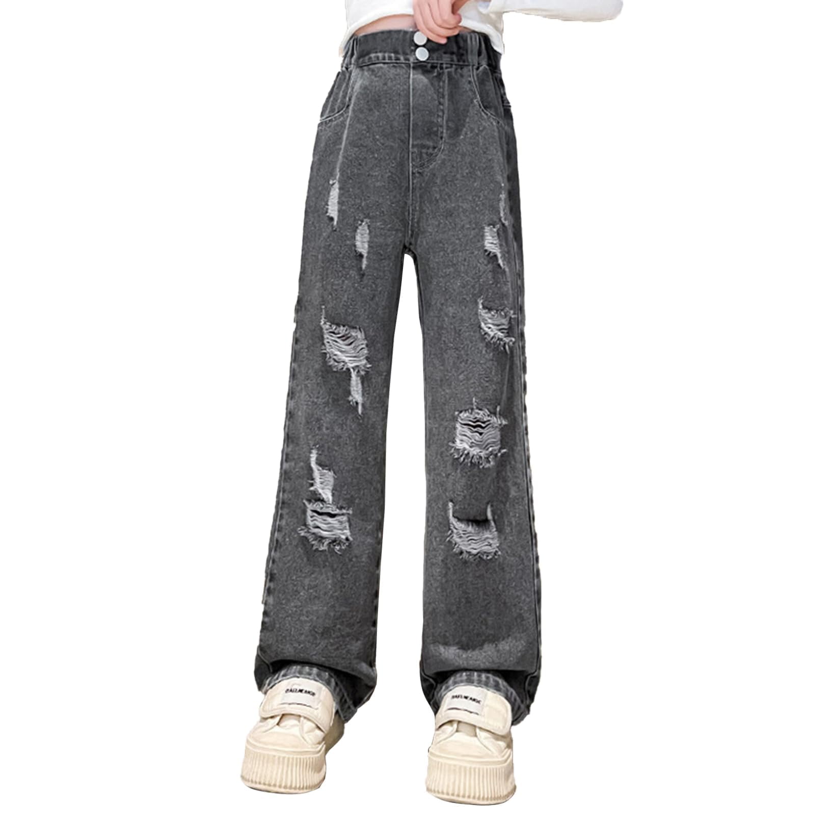 Girls Baggy Jeans Elastic Wasit Cool Ripped Button Jeans Trendy Girls ...
