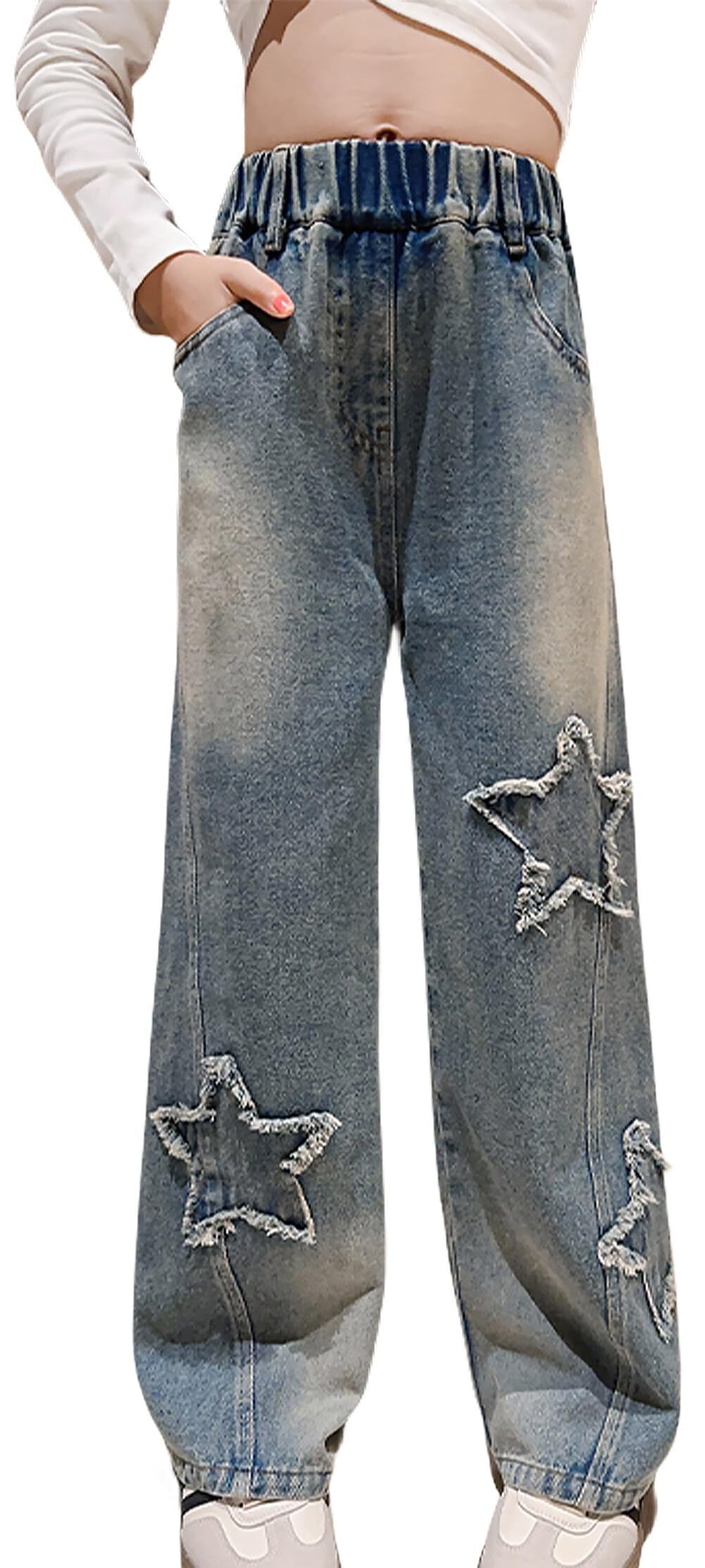 Girls Baggy Jeans High Waisted Cool Ripped Button Jeans Teen Girls ...