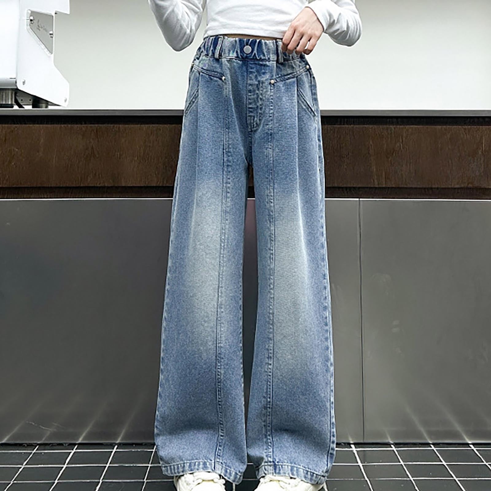 Girls Baggy Jeans High Waisted Wide Leg Stretchy Denim Pants Loose ...