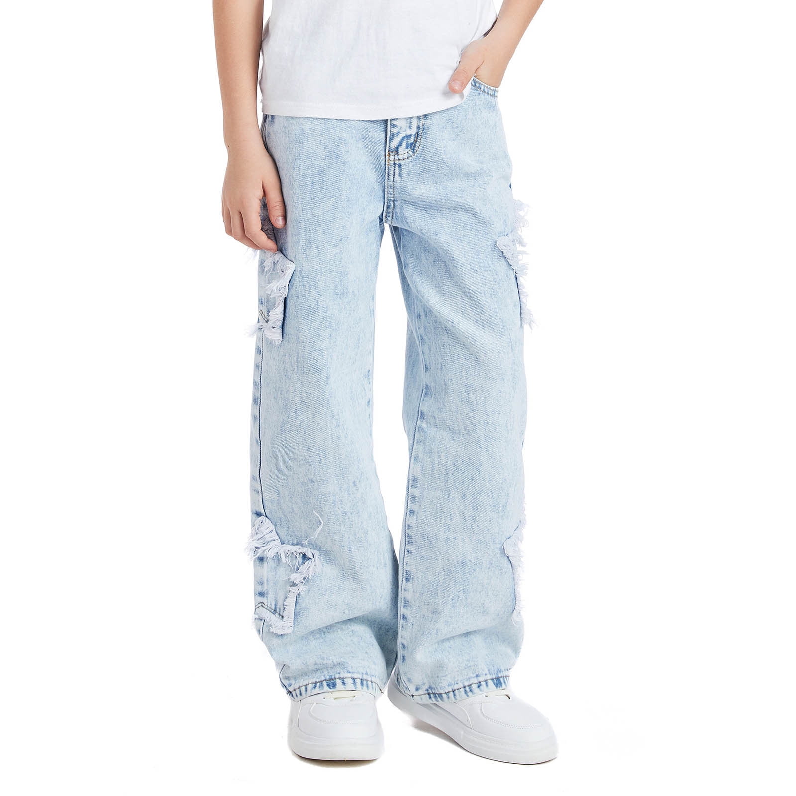 Girls Baggy Jeans Wide Leg Jean Trousers High Waisted Ripped Denim ...