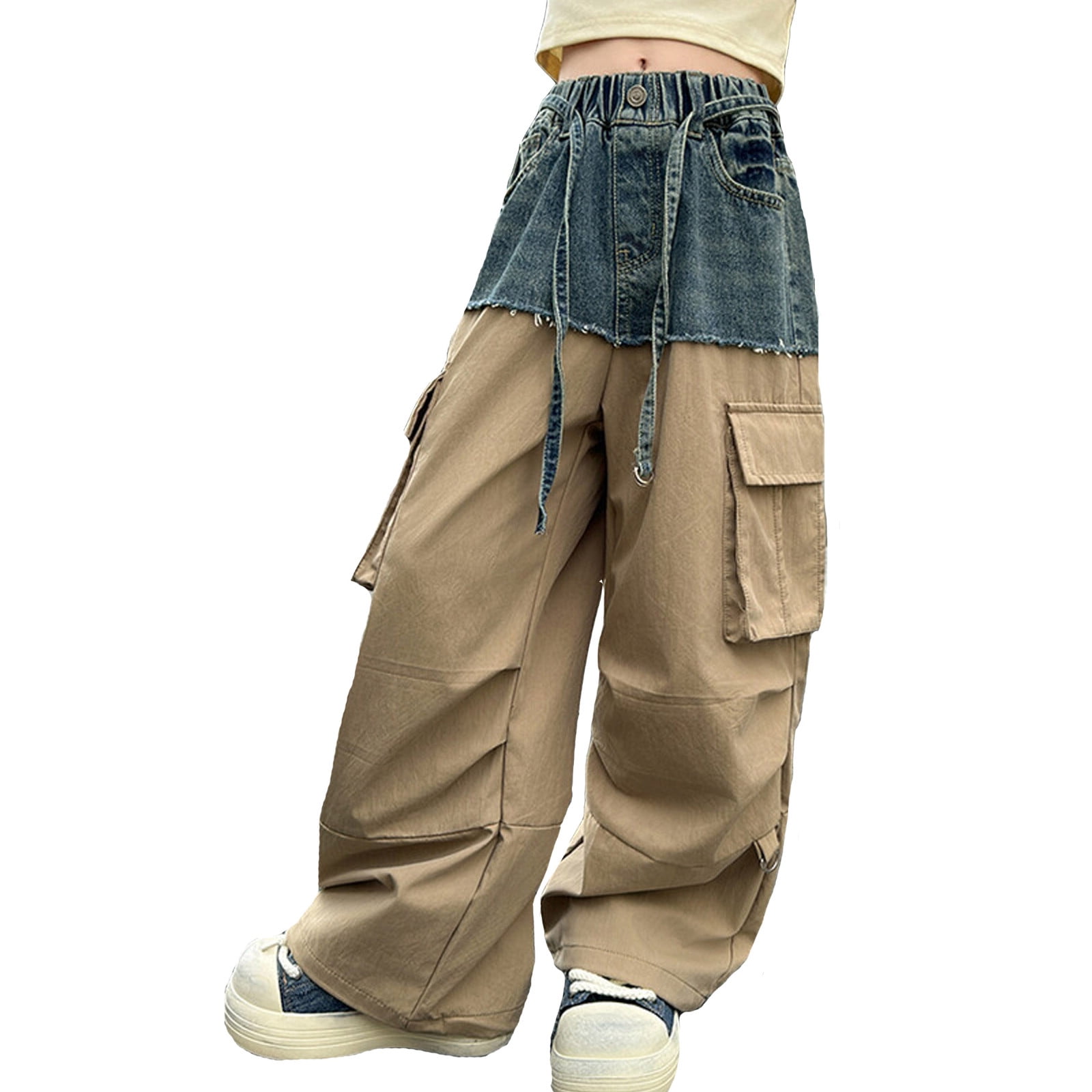 Girls Baggy Jeans Wide Leg Jeans Elastic Waist Denim Cargo Pants with ...