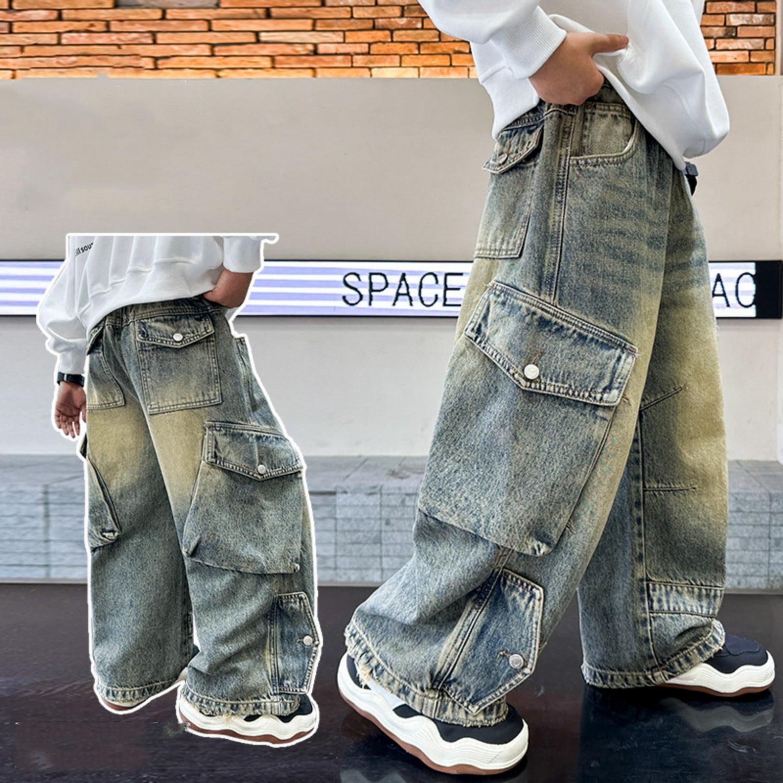 Girls Baggy Jeans Wide Leg Jeans for Girls Elastic Waist Denim Cargo ...