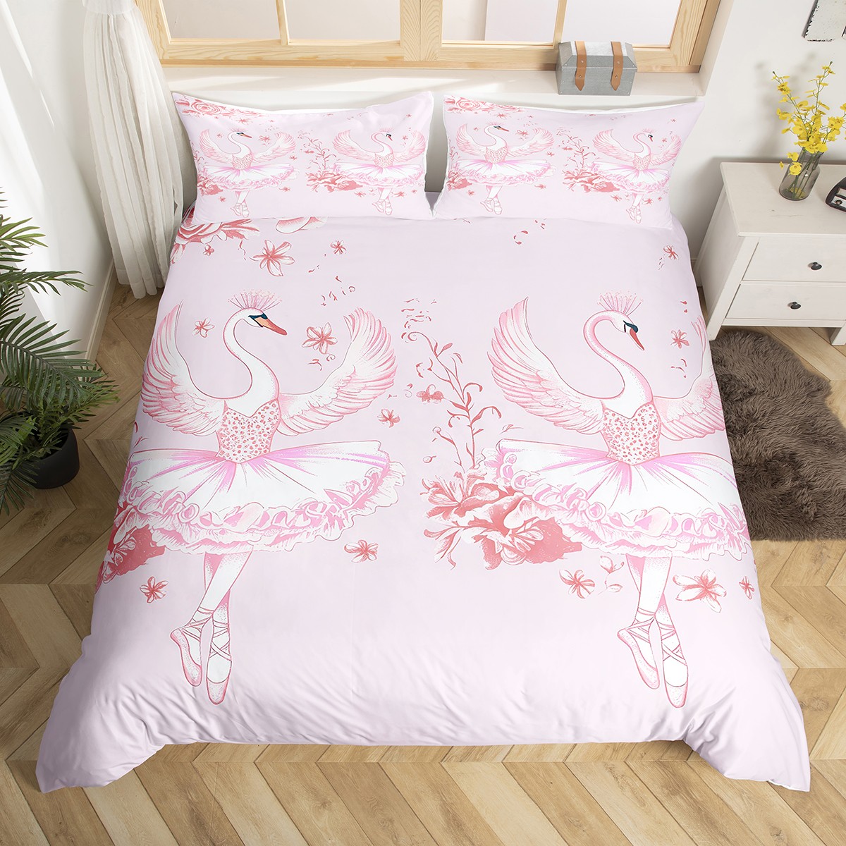 Ballet Bedding Set,Ballet Swan Duvet Cover Full Size,Romantic Rose Bed ...
