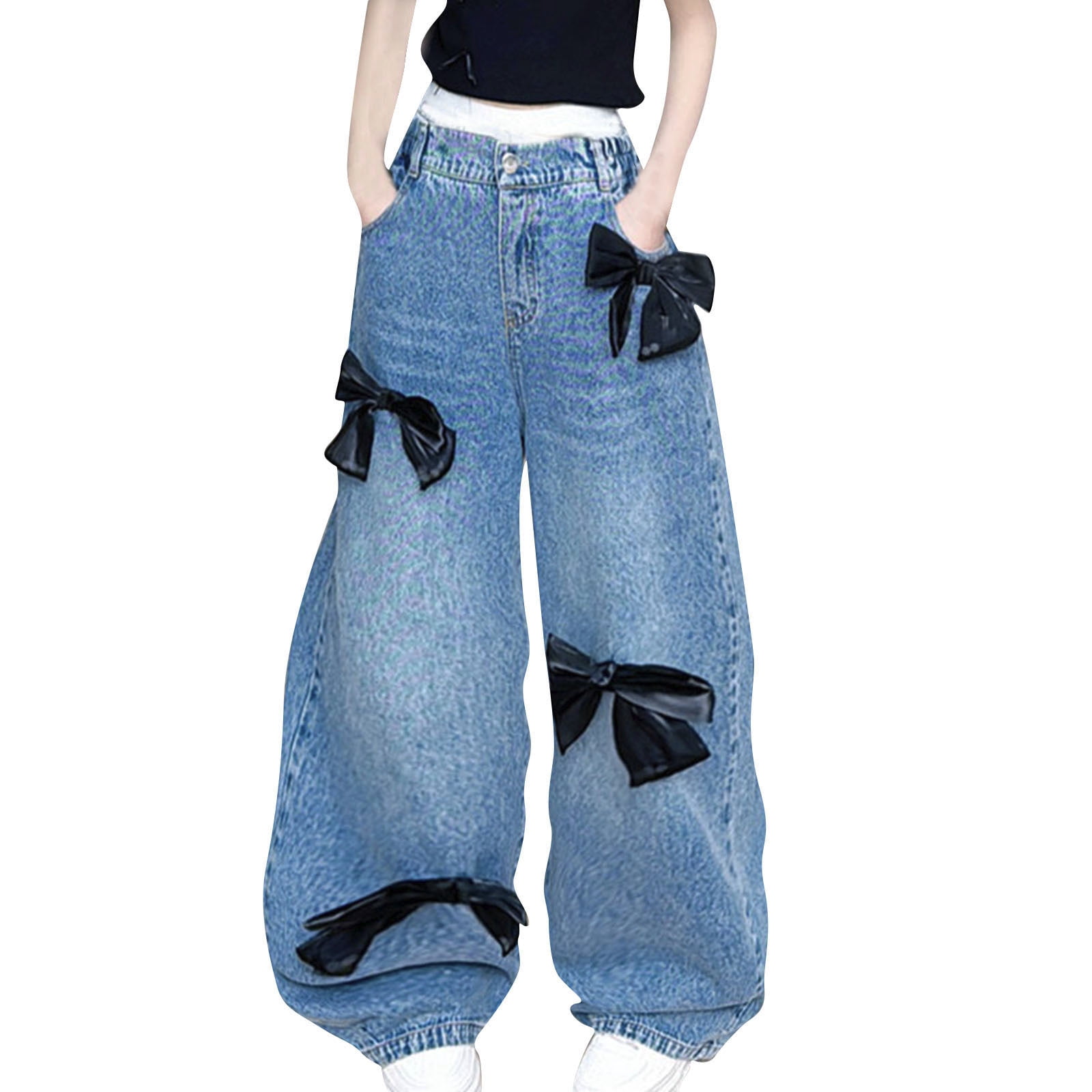 Girls Barrel Jeans Denim Elastic Wasit Wide Leg Pants Cute Embroidered ...