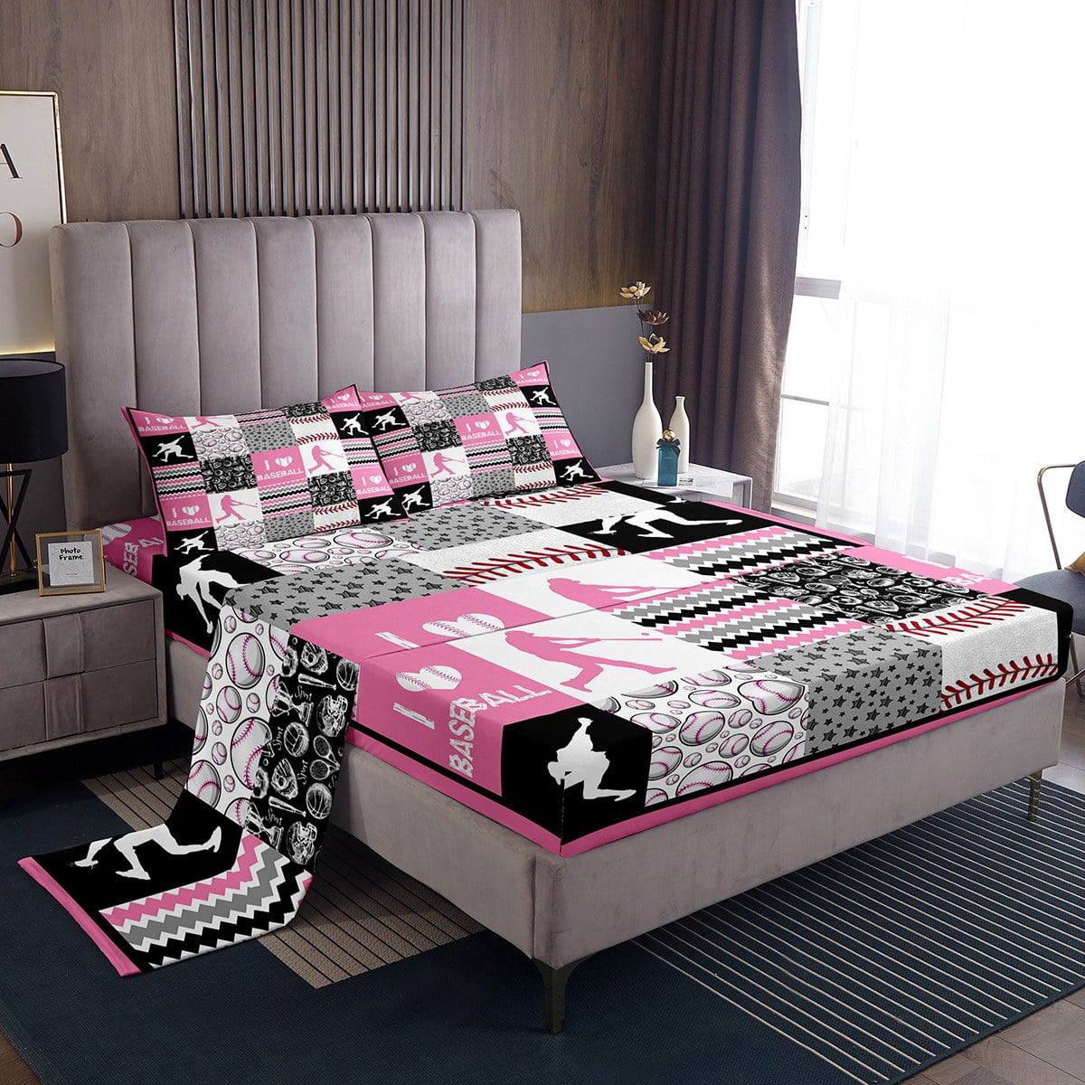 Baseball Bed Set Girly Pink Sports Bed Sheets Set, Ball Games Buffalo ...