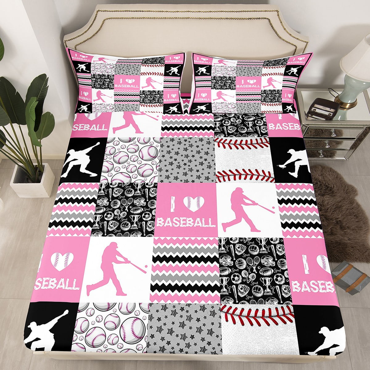 Girls Baseball Bed Sheets Girly Pink Sports Fitted Sheet Twin Size ...