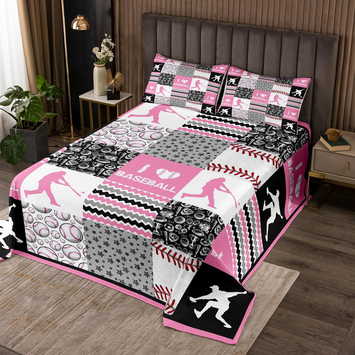 Baseball Coverlet King Size Girly Pink Sports Bedding Set, Ball Games ...