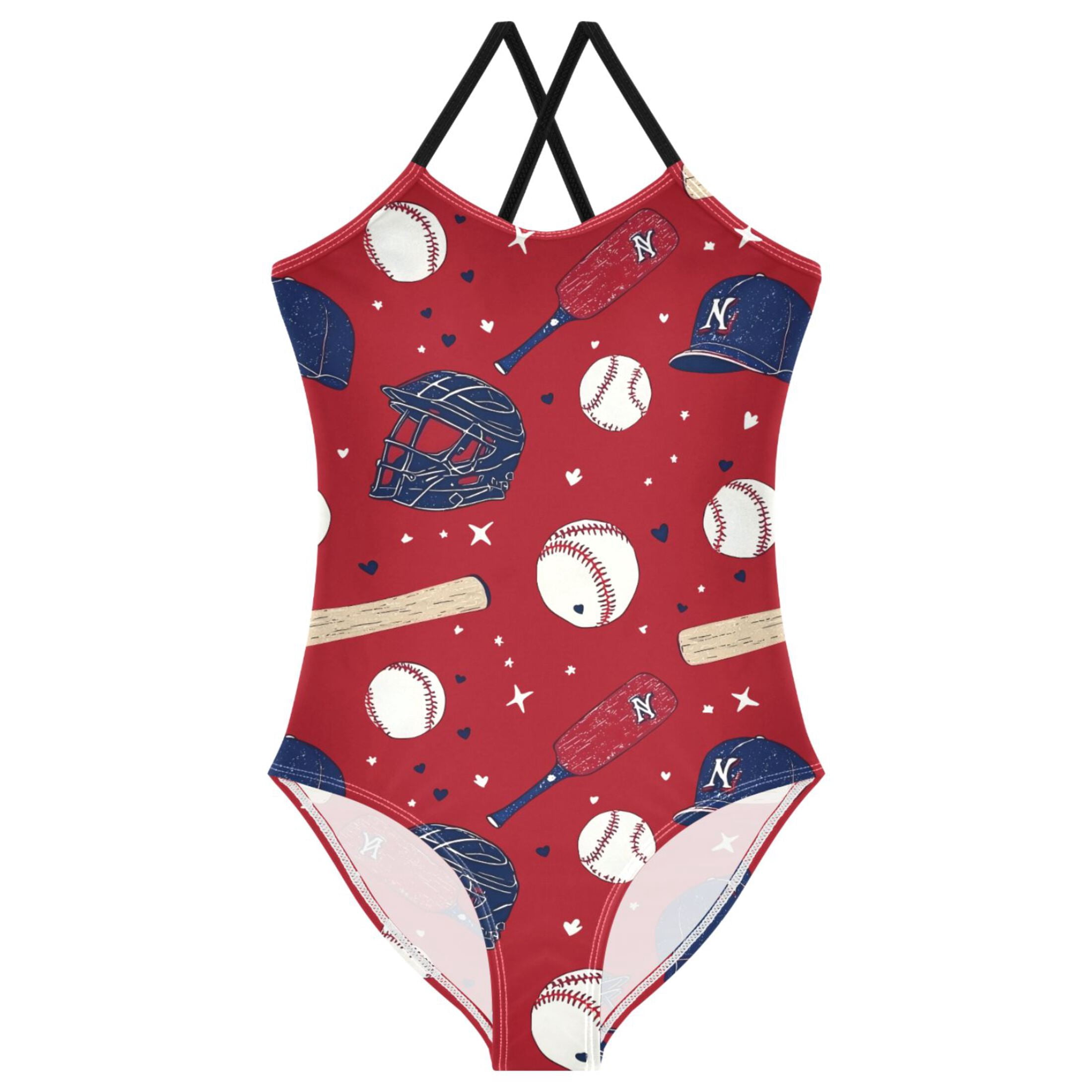 Girls Baseballs Print One Piece Swimsuit, Cross Back Spaghetti Strap ...