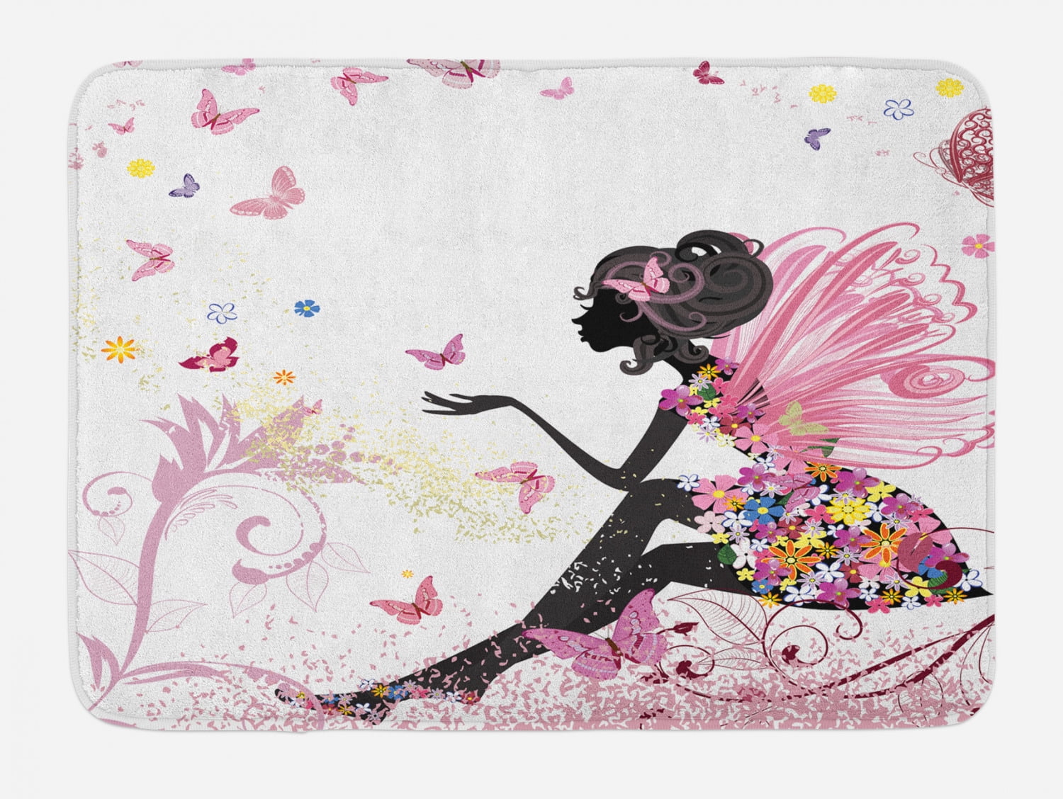 Girls Bath Mat, Fairy Girl with Wings in a Floral Dress Magical Fantasy ...
