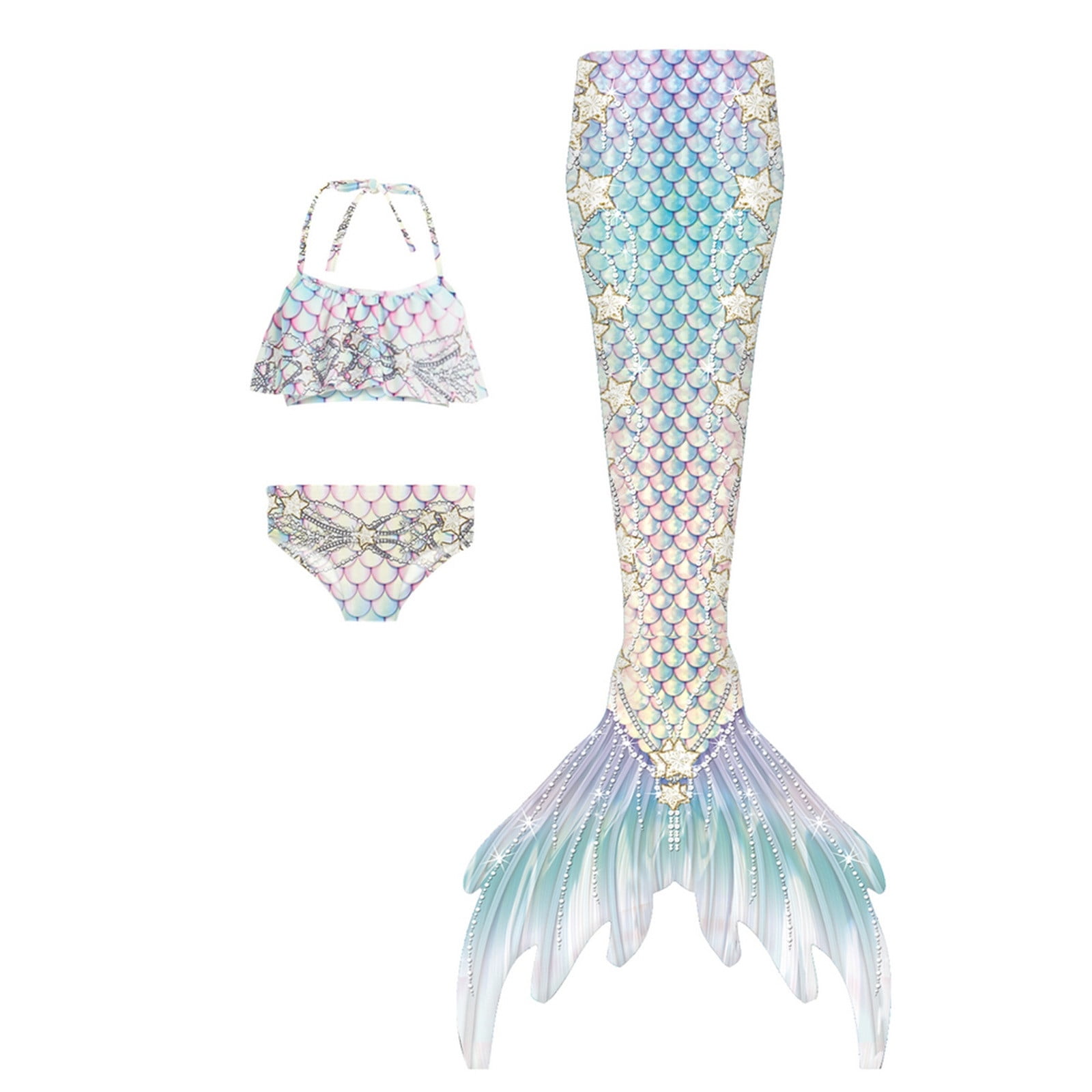 Girls Bathing Suit 3 PCS Cute Ruffle Tankini Swimsuits with Fish Tail ...