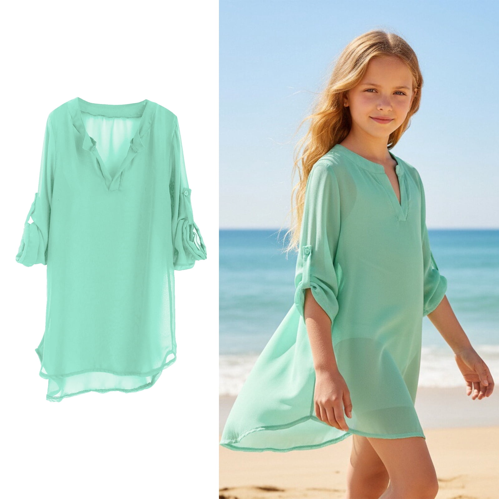 Girls Bathing Suit Cover Up Crew Neck Green Girls Chiffon Cover Up ...