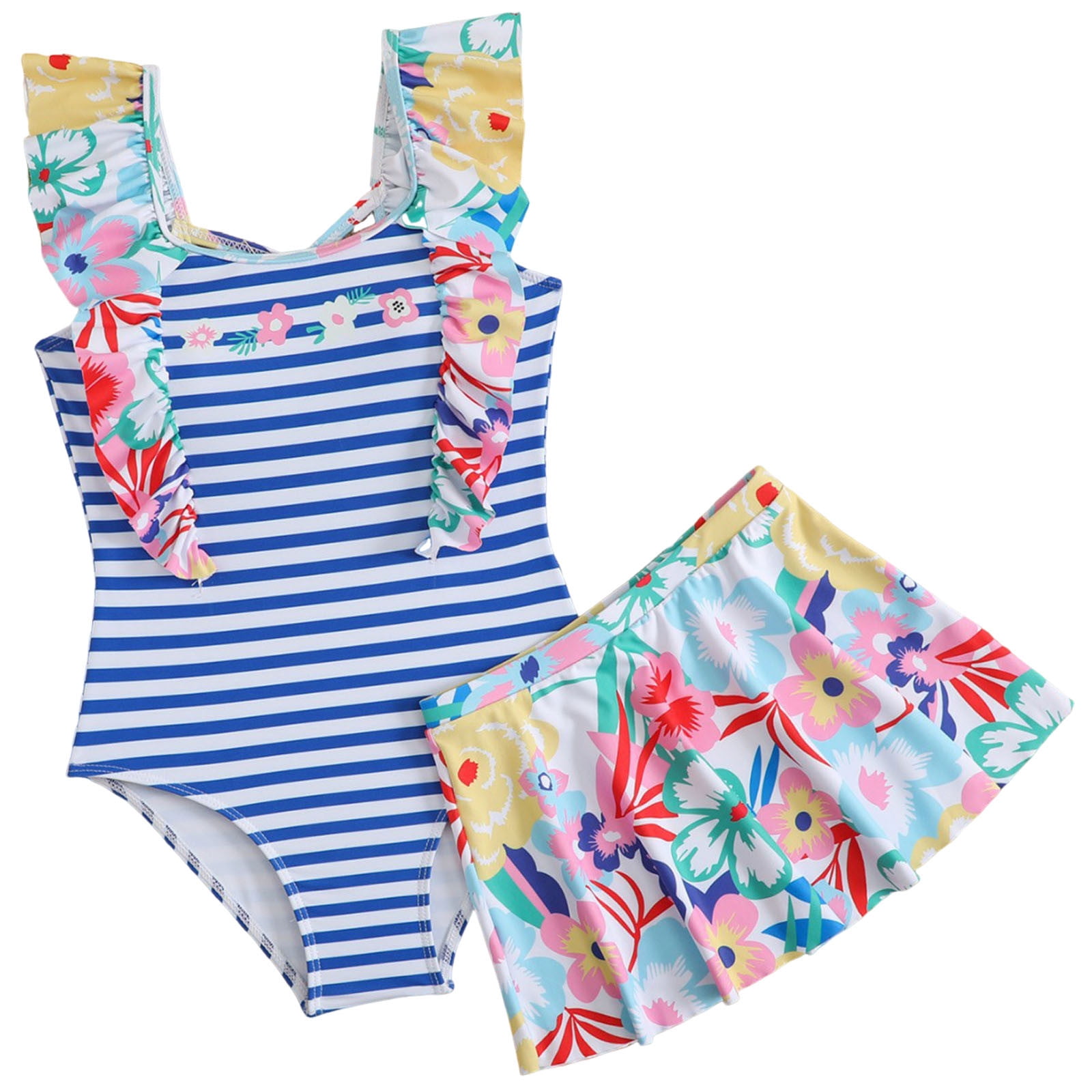 Girls Beach Vacation Swimwear Striped Ruffle One-Piece Swimsuit with ...