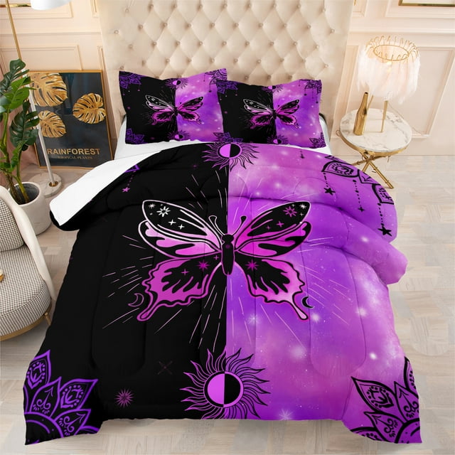 Black Purple Butterfly Comforter Set ,Twin Size Bedding Set for Girls ...