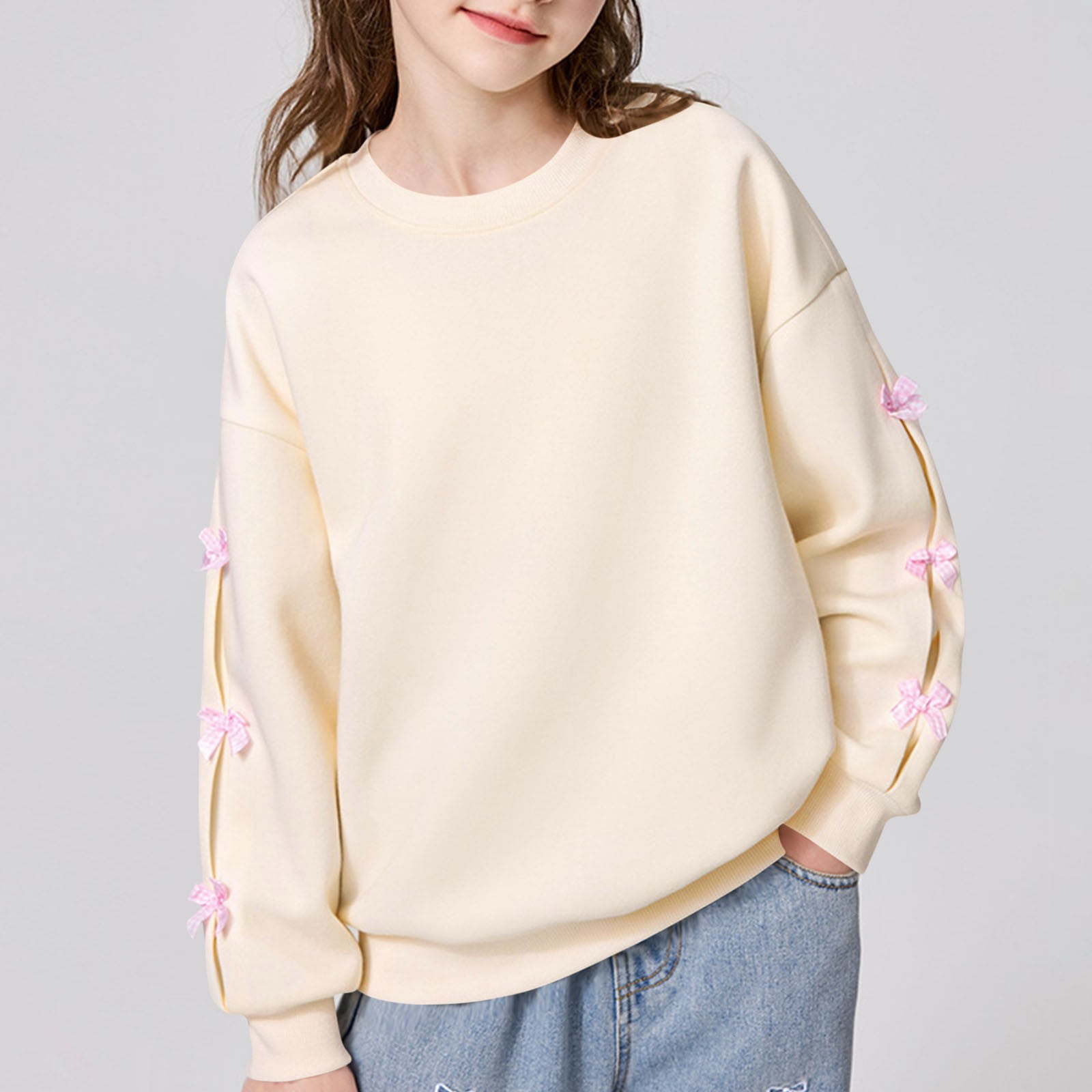 Girls Beige Crewneck Pullover Sweatshirt 4-14Y, Soft Stretchy Nylon ...