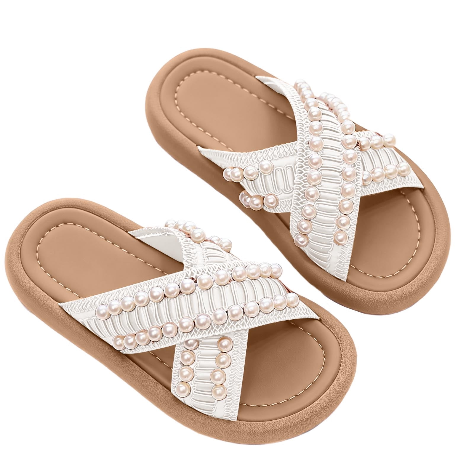 Girls Beige Crisscross Strap Pearl Embellished Slide Sandals Soft ...