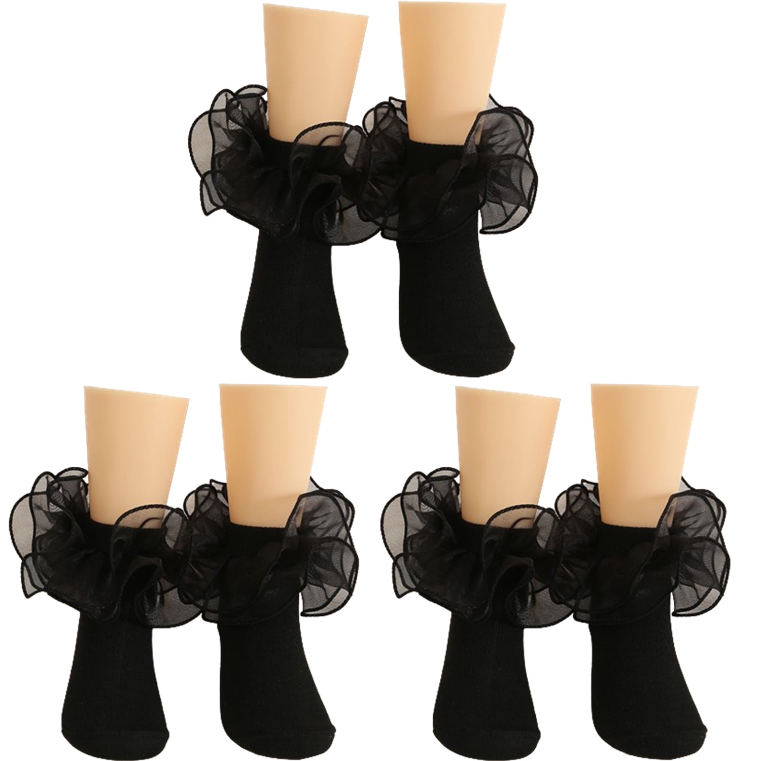 Girls Big Full Ruffle Tutu Socks 3 Pairs Toddler Double Lace Frilly ...