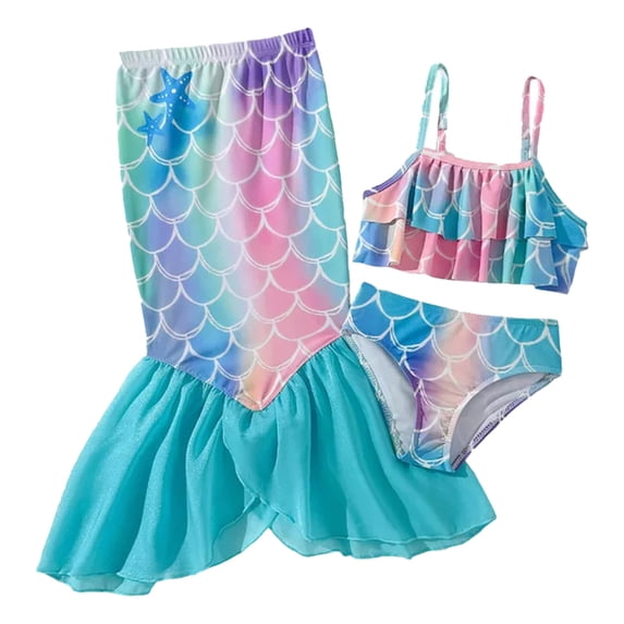 Girls Bikini Bathing Suit 3 Piece Swimsuit Set Sleeveless Ruffle Scale ...