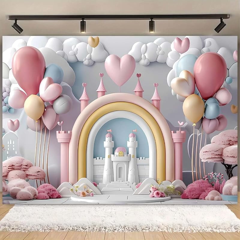 Girls Birthday Party Photography Background Arch Balloon Flower Castle ...