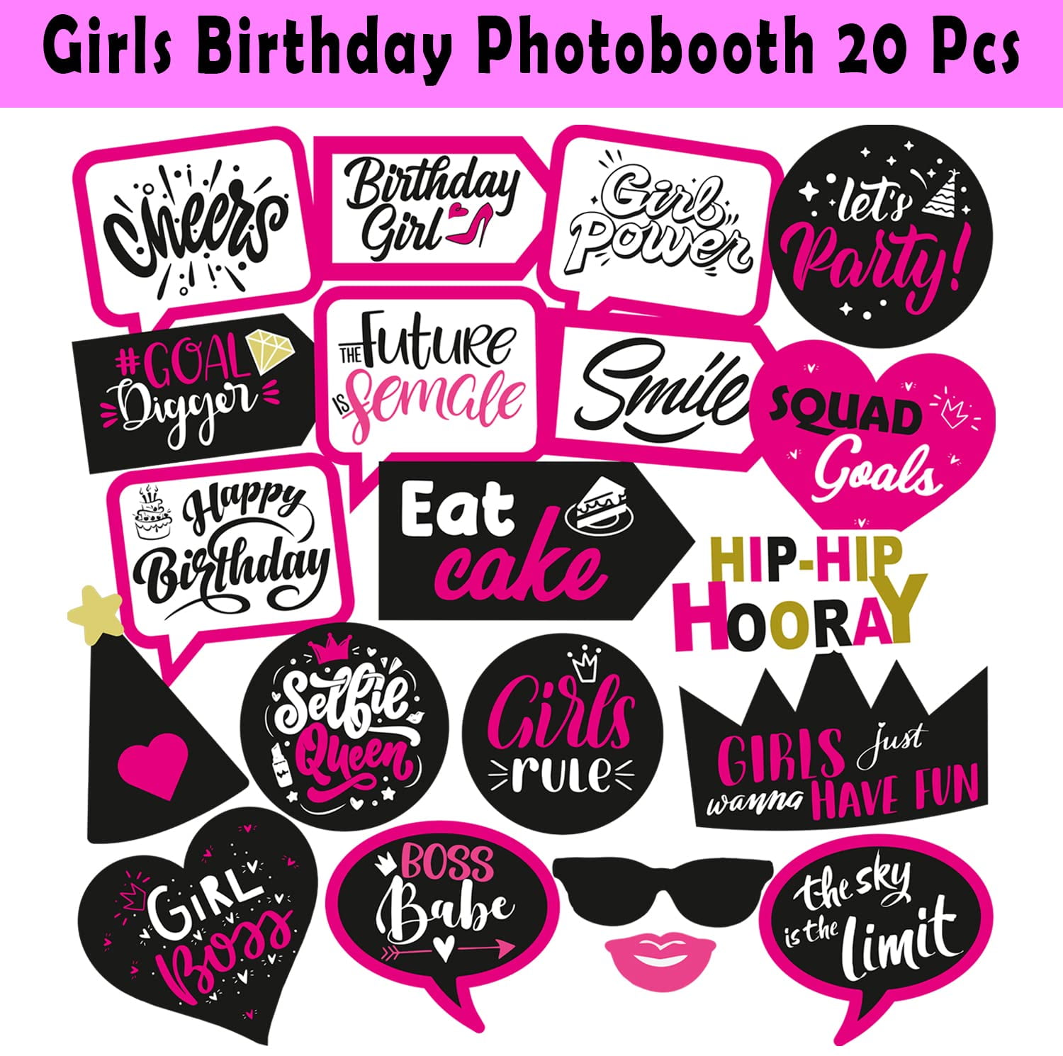 Girls Birthday Photo Booth Props 20pcs Set with Cheers Lips fun mask ...