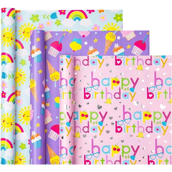 Girls Birthday Wrapping Paper - 3 Rolls, 17" x 120"/Roll - Colorful ...