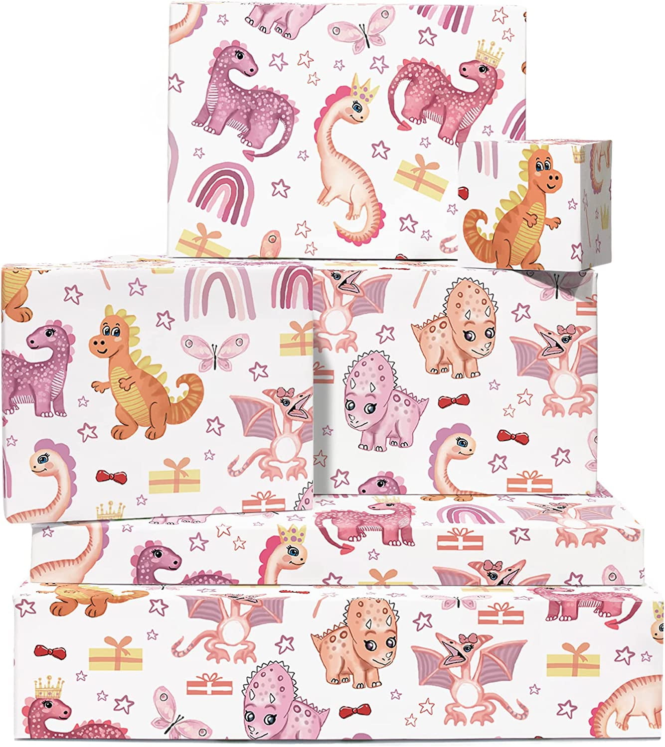 Girls Birthday Wrapping Paper - Dinosaur Rainbow - 6 Gift Wrap Sheets ...