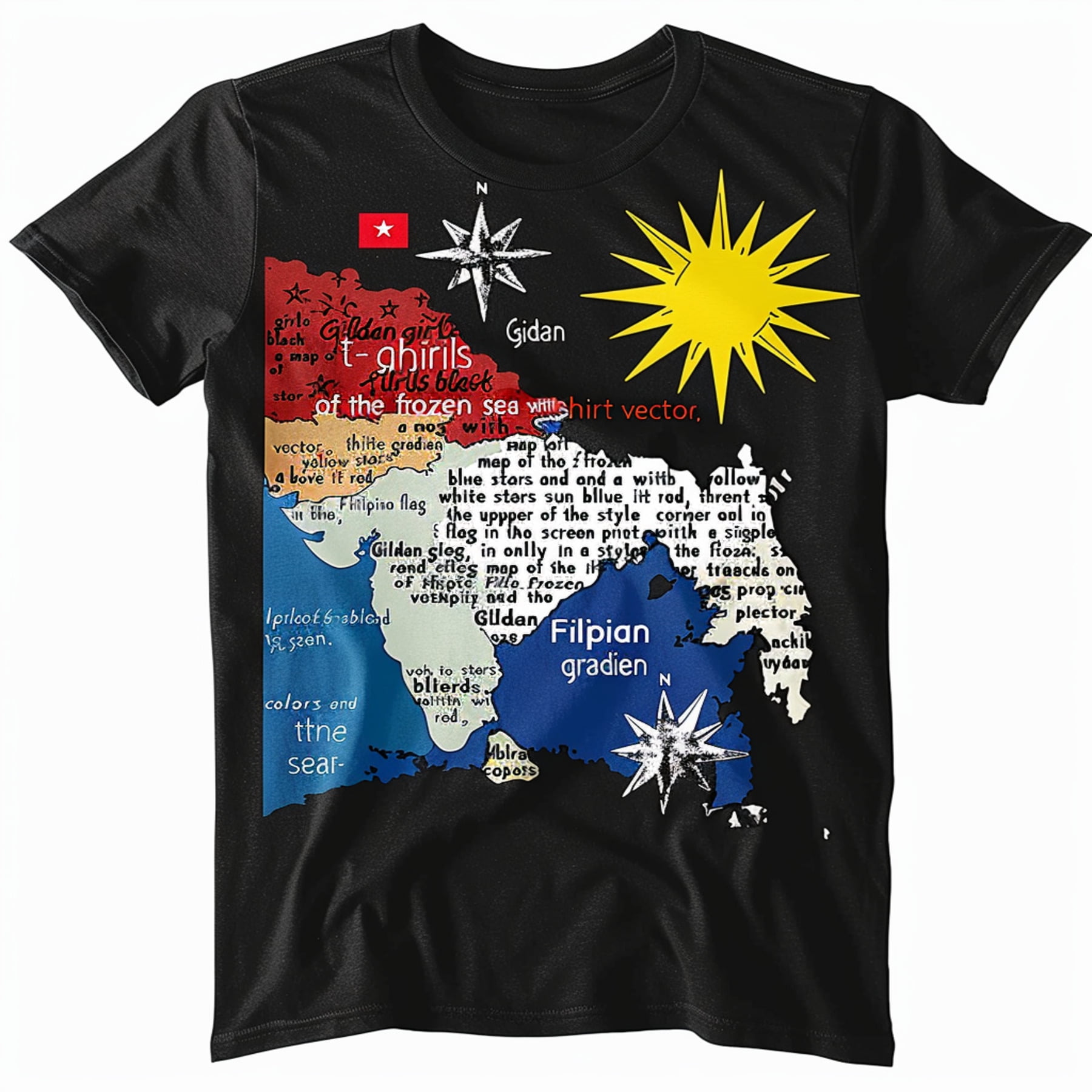 Girls Black TShirt with Frozen Sea Map Stars Sun and Filipino Flag ...