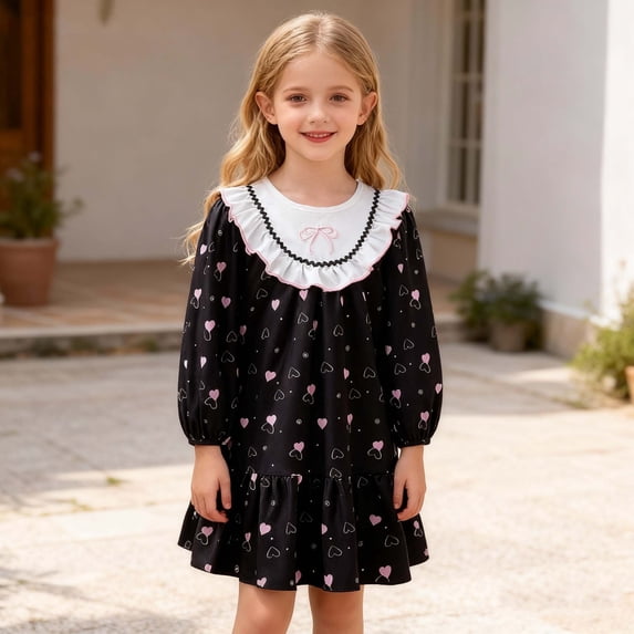 Girls Black Velvet Long Sleeve Party Dress with Lace Trim & Sash Belt ...
