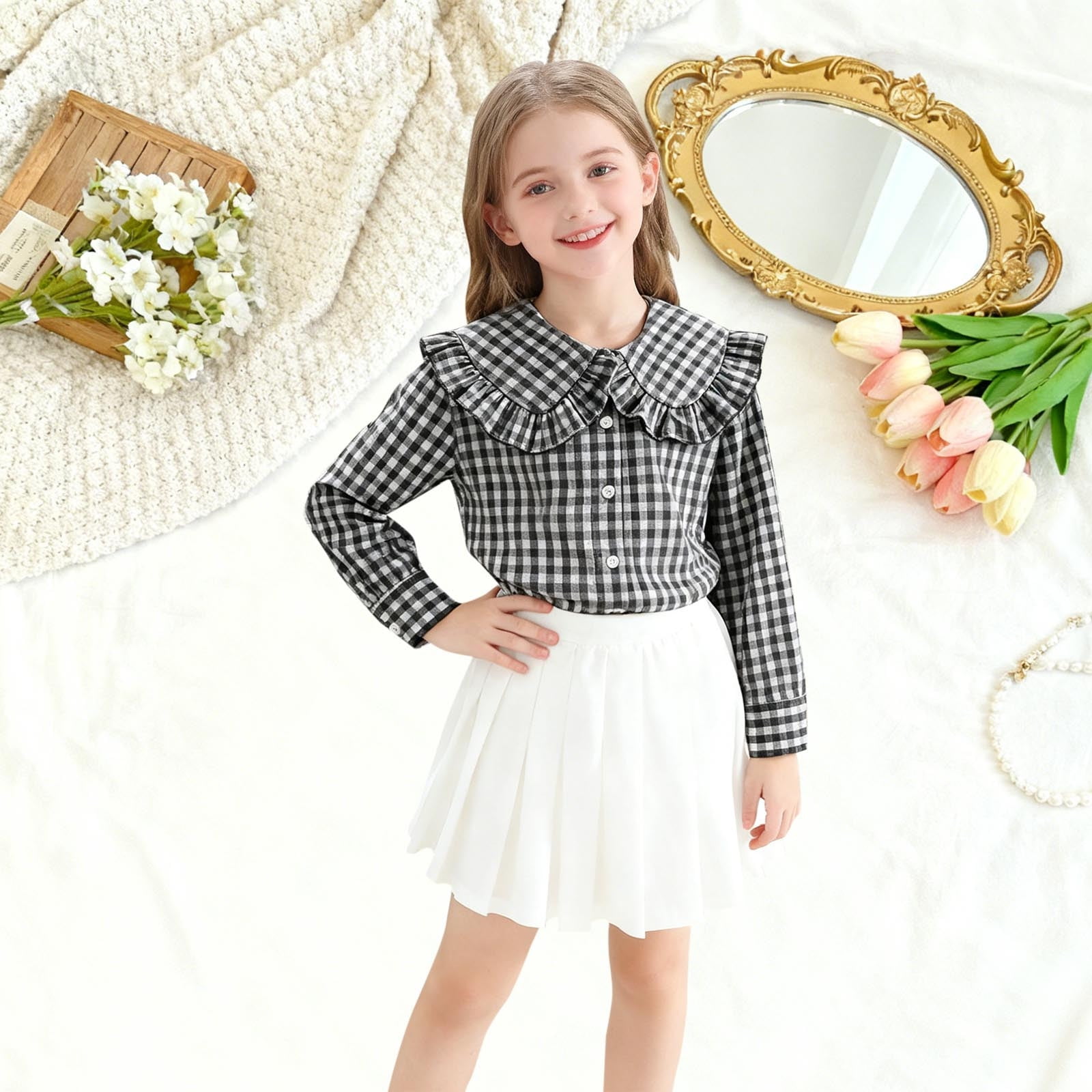 Girls' Black & White Checkered Long Sleeve Top with Peter Pan Collar ...