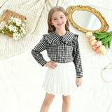 Girls' Black & White Checkered Long Sleeve Top with Peter Pan Collar ...