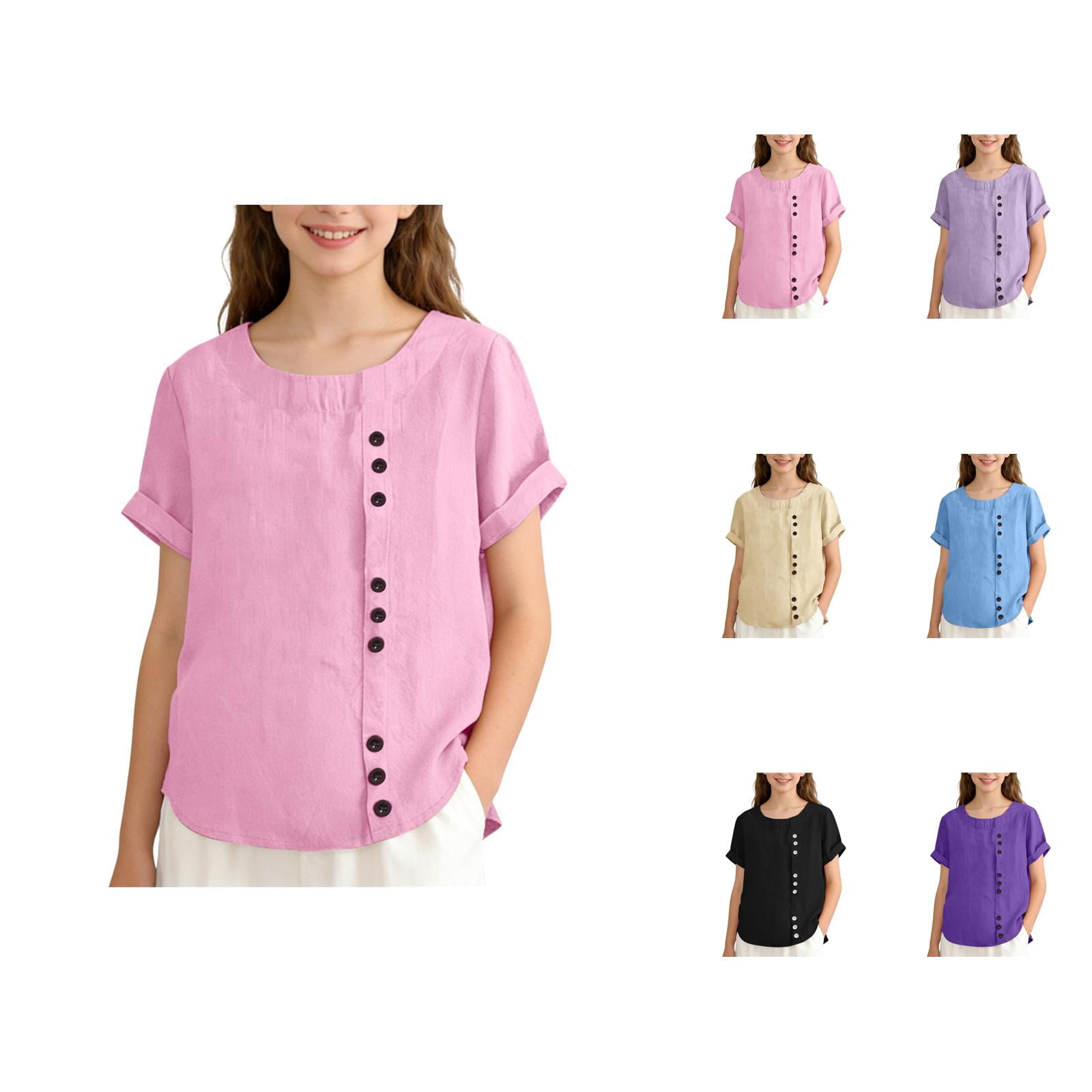 Girls Blouse Cotton Blend Short Sleeve Round Neck Side Button Casual ...