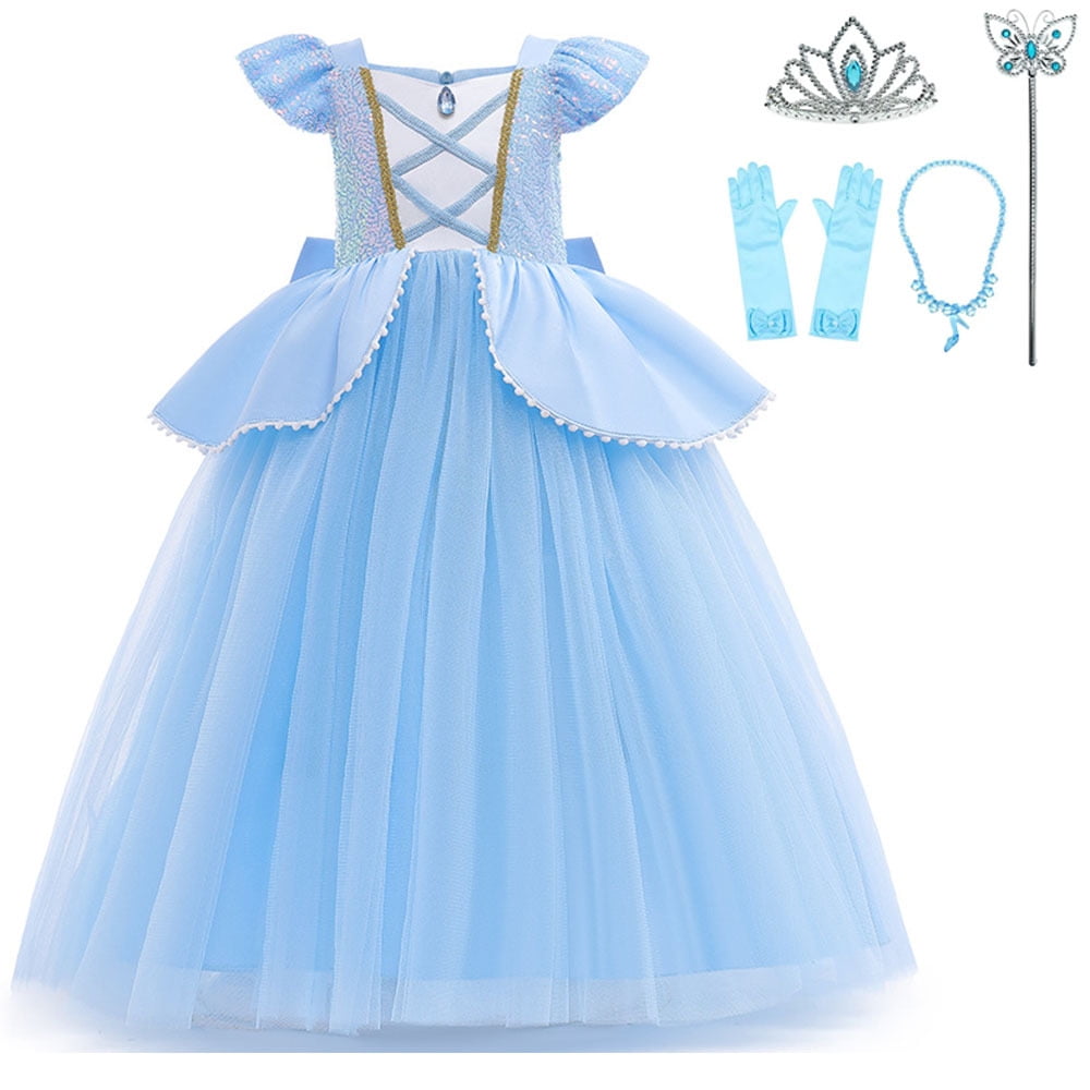 Girls Blue Princess Costume Dress Flutter Sleeve Halloween Fancy Outfit ...