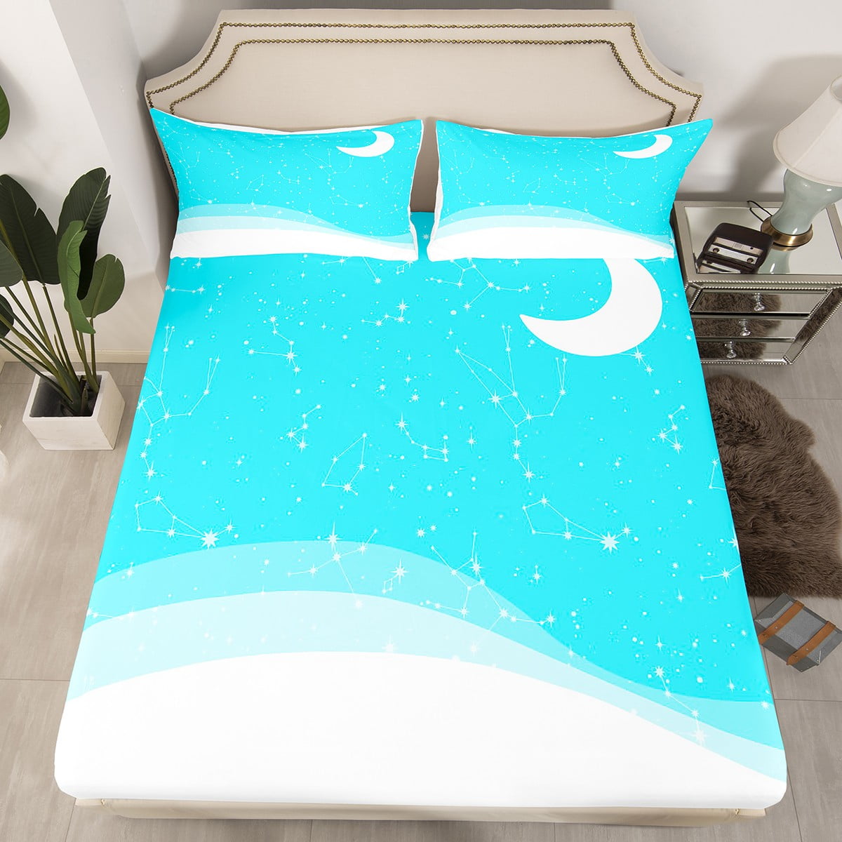 Girls Blue Queen Fitted Sheet Rainbow Galaxy Sheets, Moon Print Bed ...