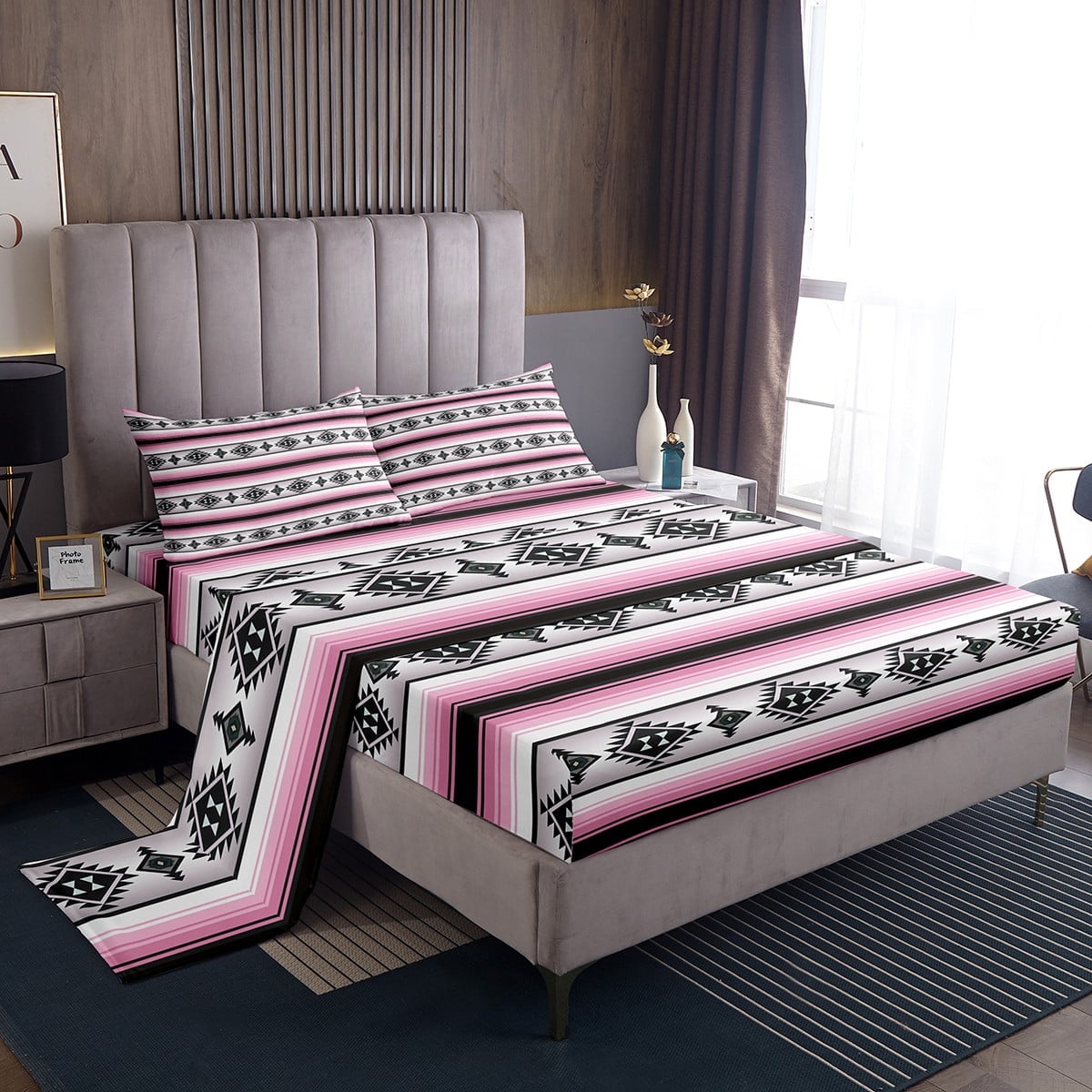 Boho Bed Sheets Full Pink Black Geometric Aztec Stripes Bedding Western ...
