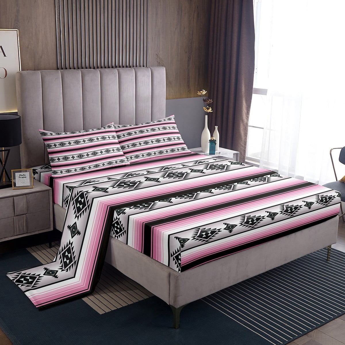 Boho Bed Sheets Queen Pink Black Geometric Aztec Stripes Bedding ...