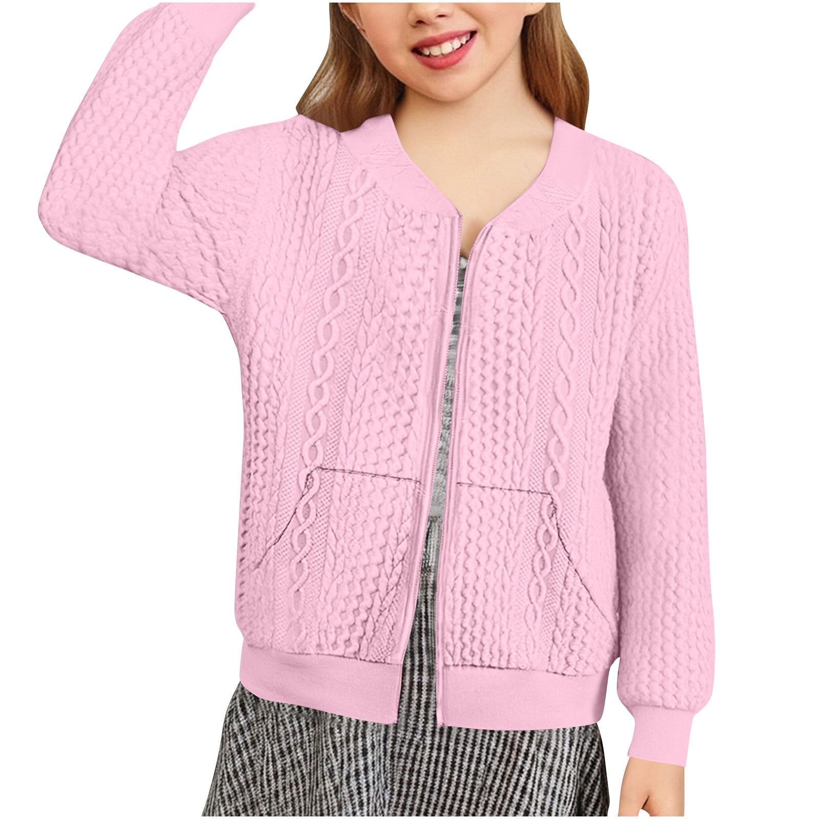 Girls Bomber Jacket Zip Up Casual Loose Jacquard Coat Lightweight ...