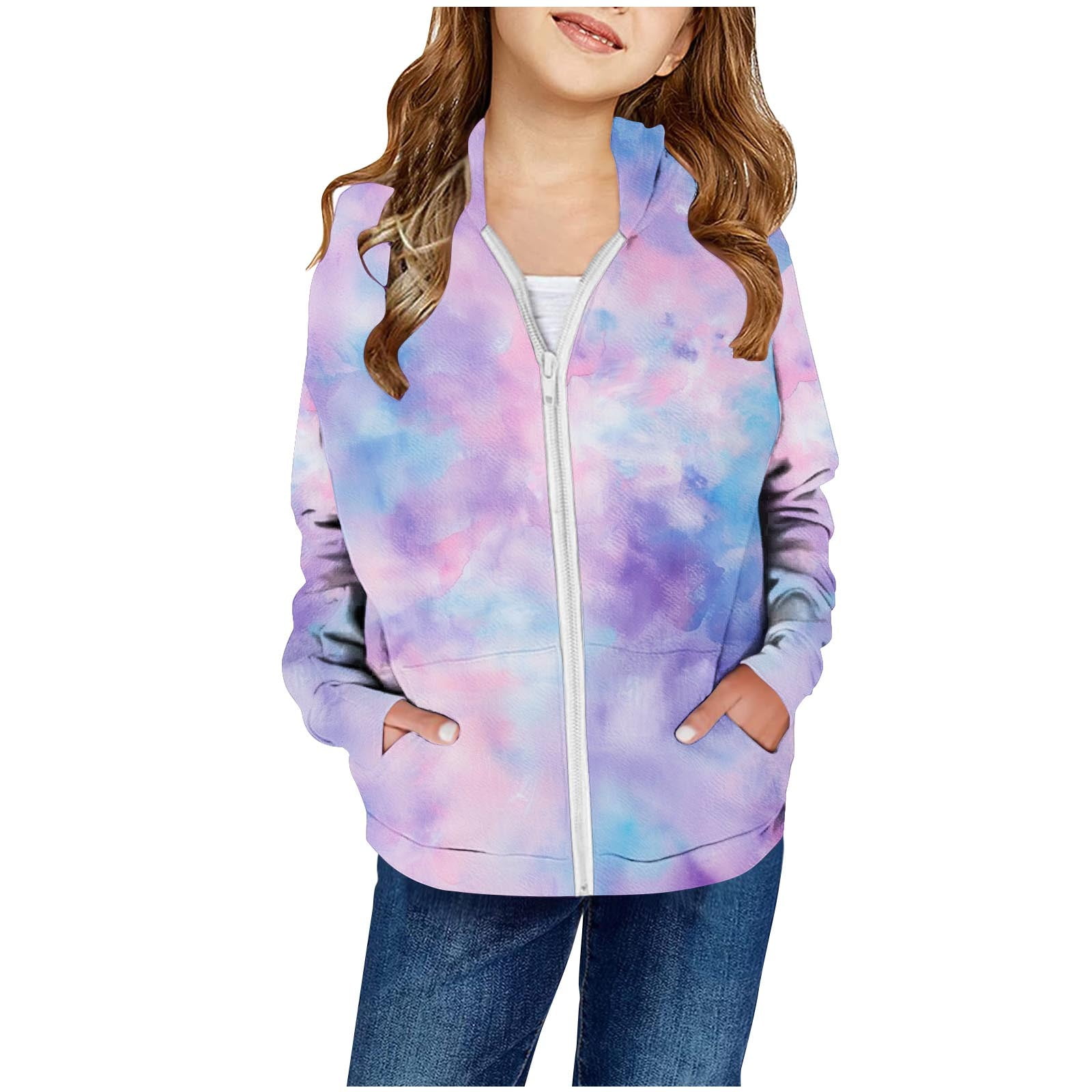 Girls Bomber Jackets Autumn Winter Print Patch Pocket Zipper Sweatshirt ...